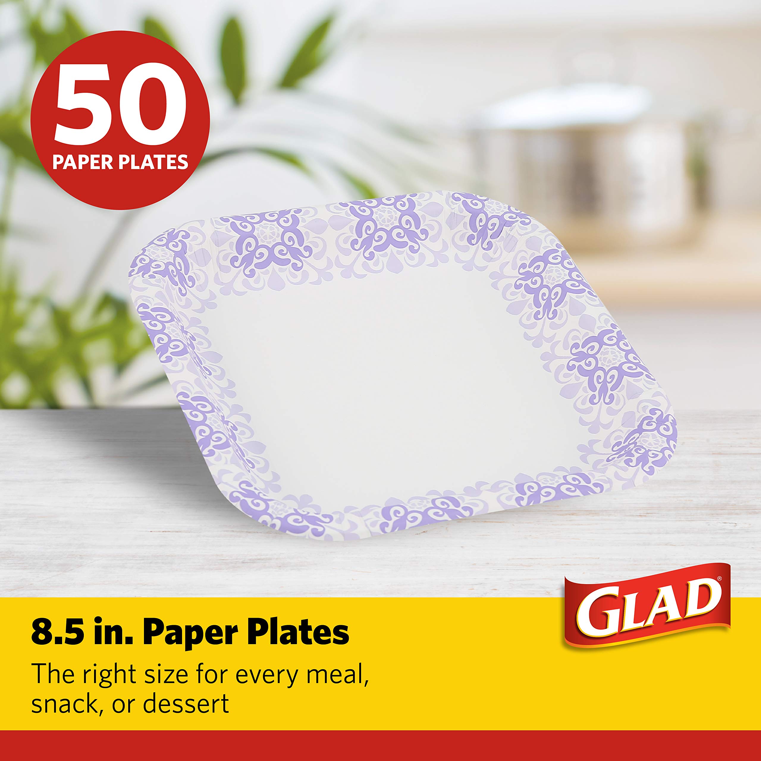 Glad Square Disposable Paper Plates for All Occasions | Soak Proof, Cut Proof, Microwaveable Heavy Duty Disposable Plates | 8.5" Diameter, 50 Count Bulk Paper Plates