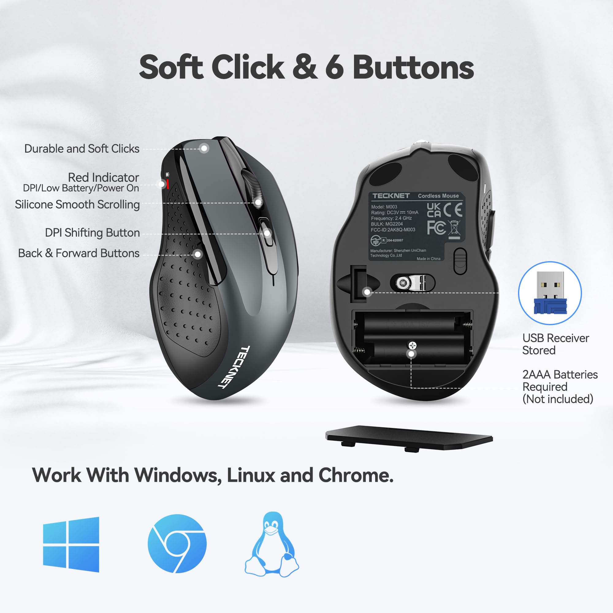 TECKNET Wireless Mouse, 2.4G Ergonomic Optical Mouse with USB Nano Receiver for Laptop, PC, Computer, Chromebook, Notebook, 6 Buttons, 24 Months Battery Life, 2600 DPI, 5 Adjustment Levels