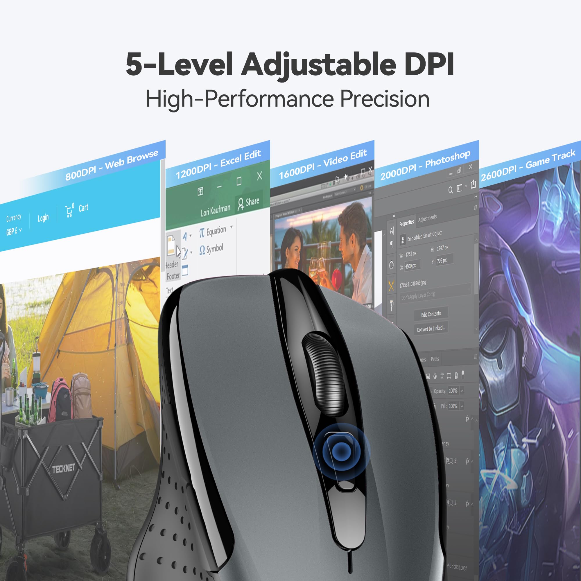 TECKNET Wireless Mouse, 2.4G Ergonomic Optical Mouse with USB Nano Receiver for Laptop, PC, Computer, Chromebook, Notebook, 6 Buttons, 24 Months Battery Life, 2600 DPI, 5 Adjustment Levels