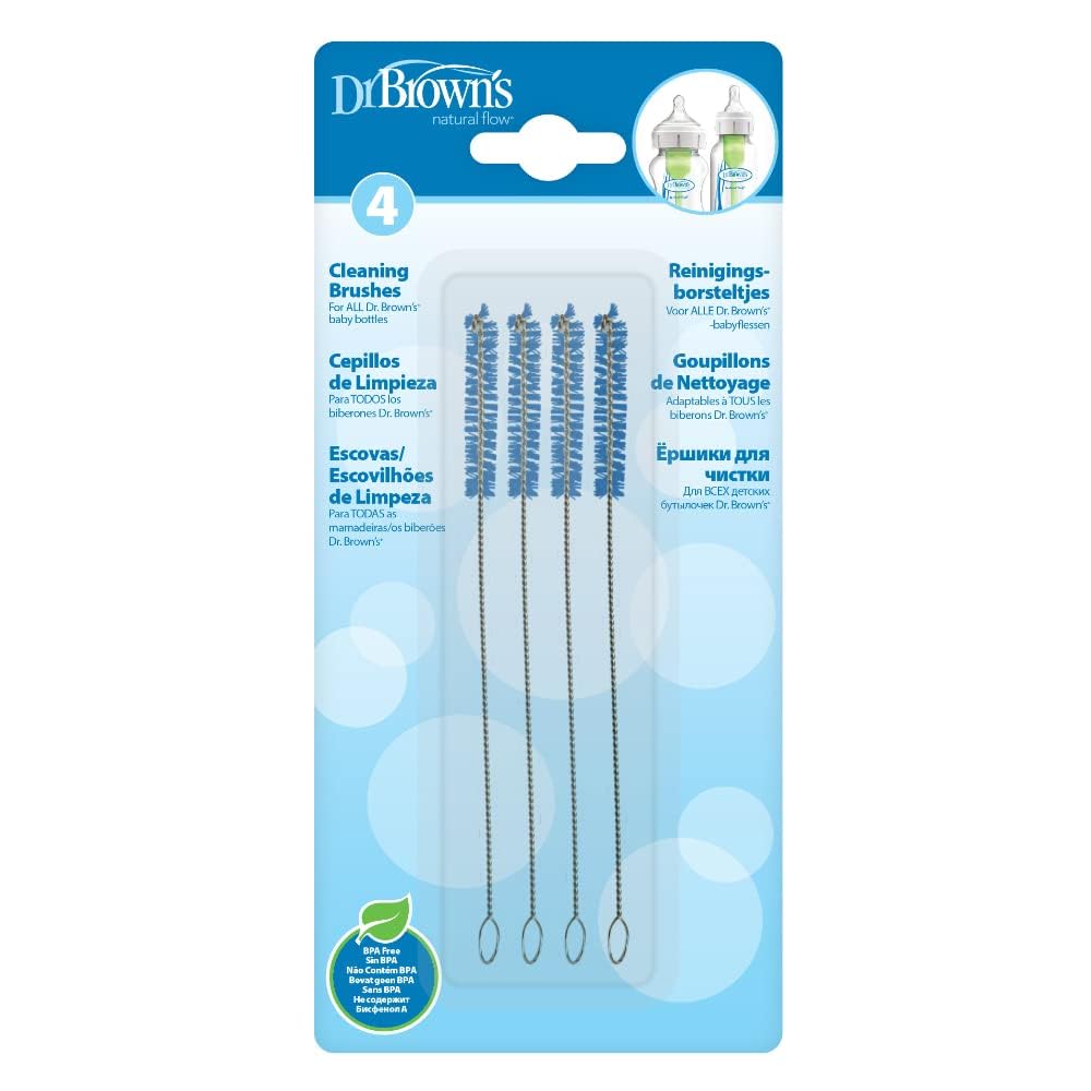 Dr. Brownās Natural FlowĀ® Reusable Baby Bottle Vent System and Reservoir Cleaning Bristle Brush, BPA Free, Blue Brushes, 4-Pack