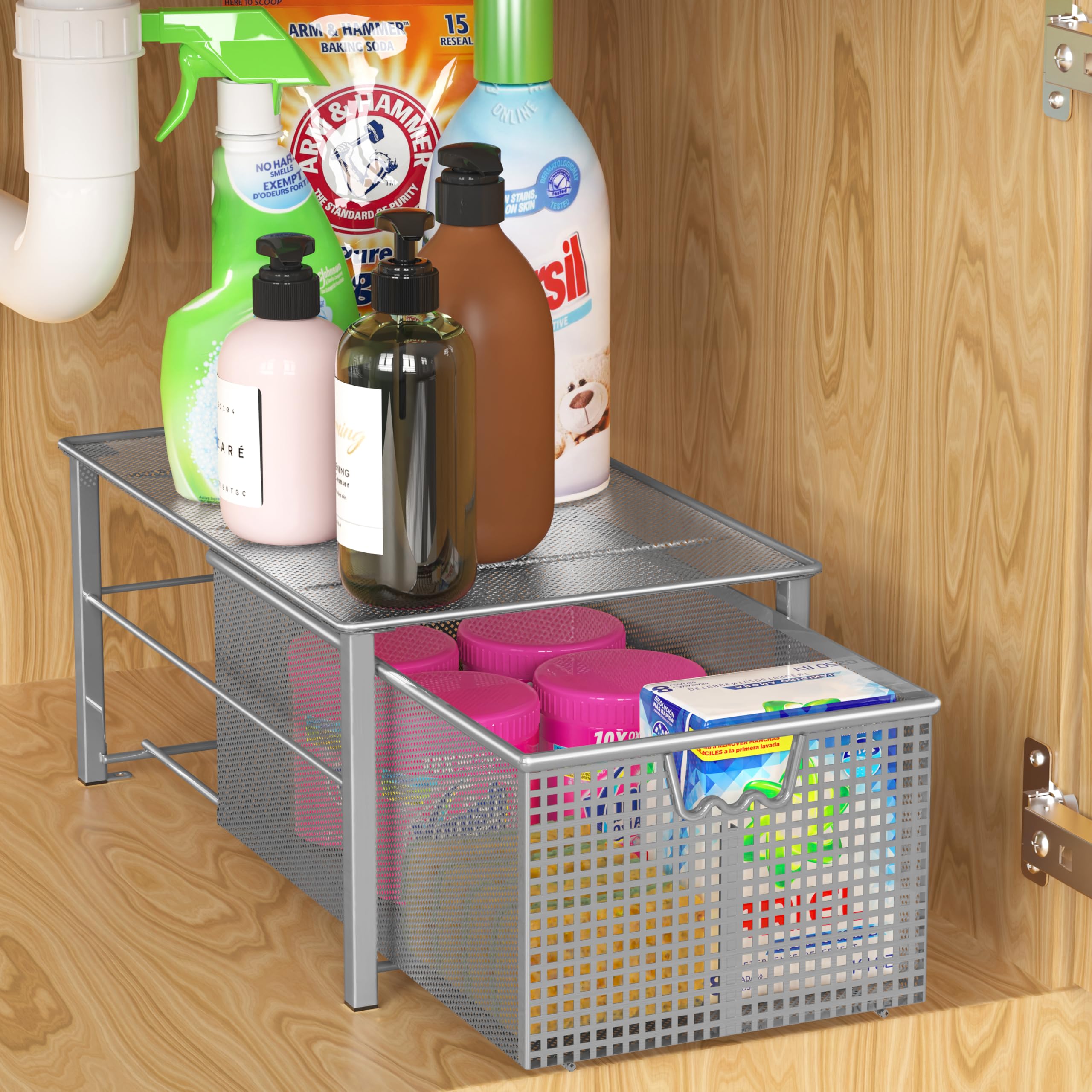DecoBros Mesh Cabinet Basket Organizer with Split Card, Silver (Large - 10 x 15.8 x 7.5)