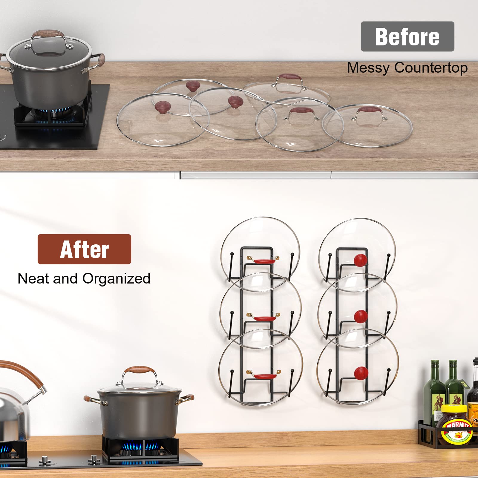 Housolution 2 Pack Pot Lid Organizer for Cabinet Door, No Drilling Adhesive Cabinet Door Pan Lid Organizer Wall Mounted Pot Lid Holder, Pot Lid Storage Organizer Holders for Inside Cabinet, Black