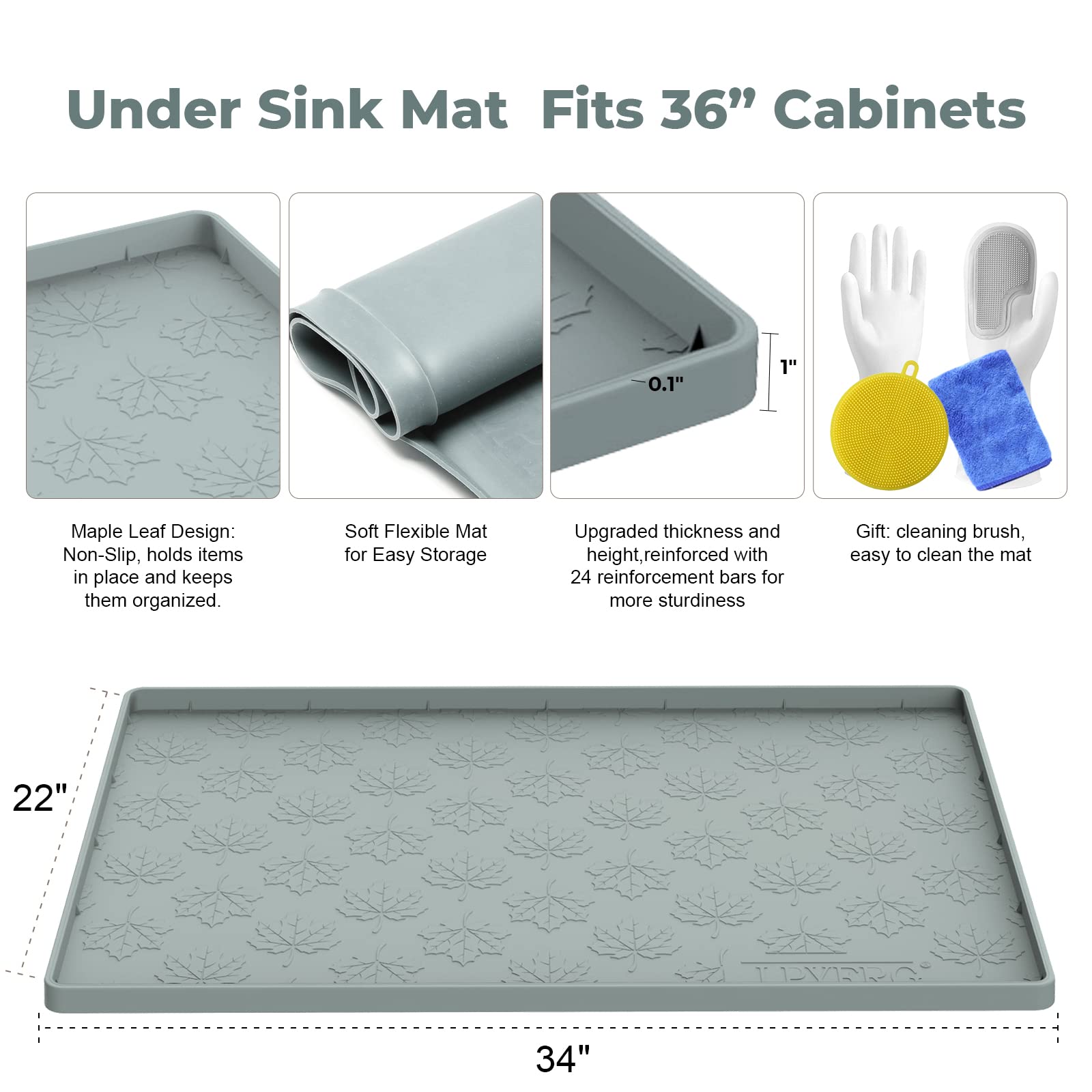 LPYFRG Under Sink Mats for Kitchen Waterproof, 34" X 22" Under Sink Liner, Under Sink Tray with Clean Brush, Kitchen and Bathroom Cabinet Flexible Silicone Sink Mat for Drips Leaks Spills (Grey)