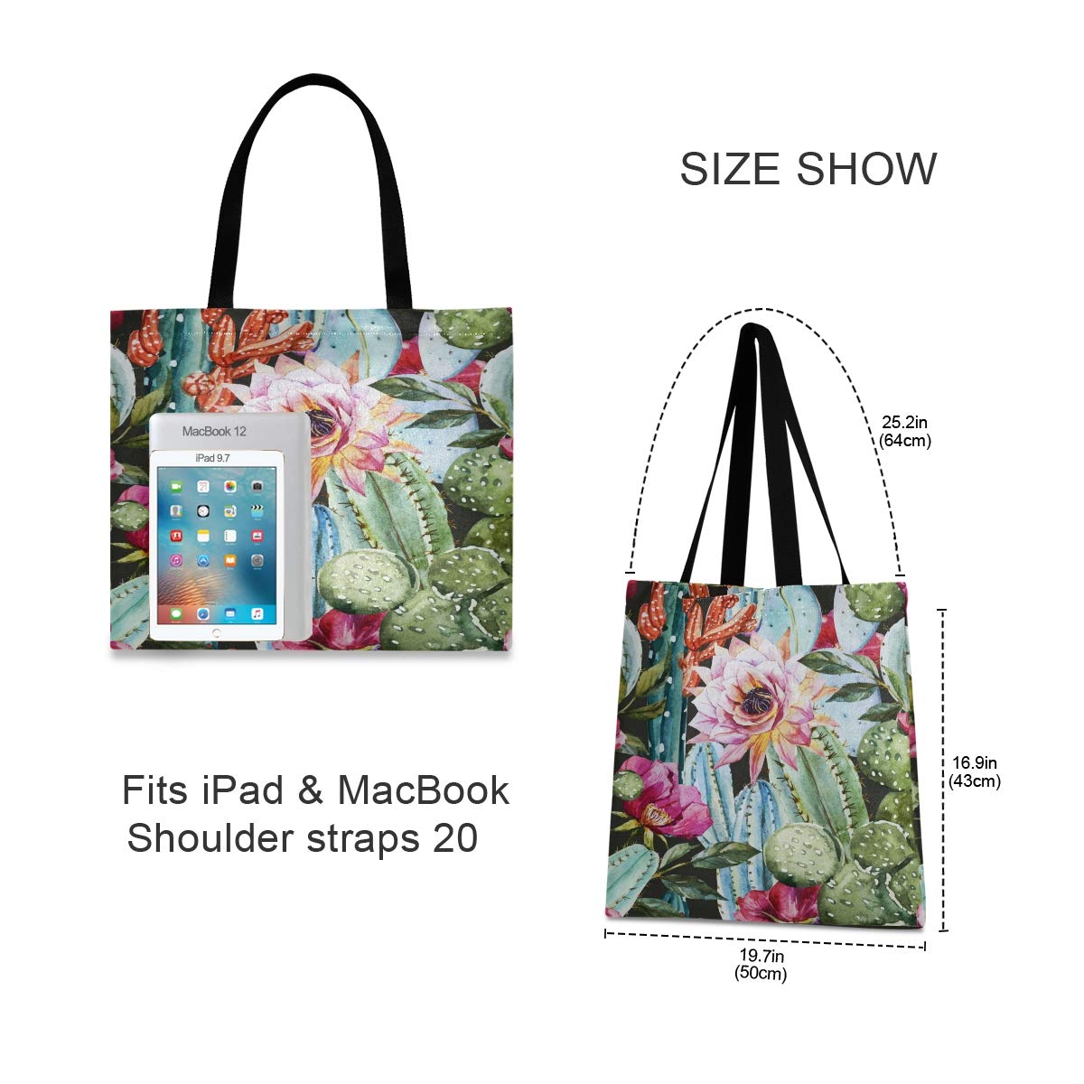 CaTaKu Cactus Canvas Tote Bag Floral Grocery Shopping Cotton Canvas Tote Bag Large Handle Durable Reusable Washable Bag for Women Men