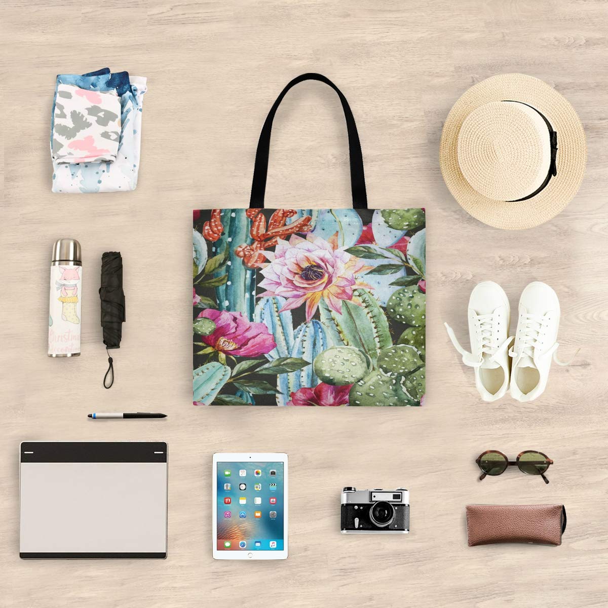 CaTaKu Cactus Canvas Tote Bag Floral Grocery Shopping Cotton Canvas Tote Bag Large Handle Durable Reusable Washable Bag for Women Men