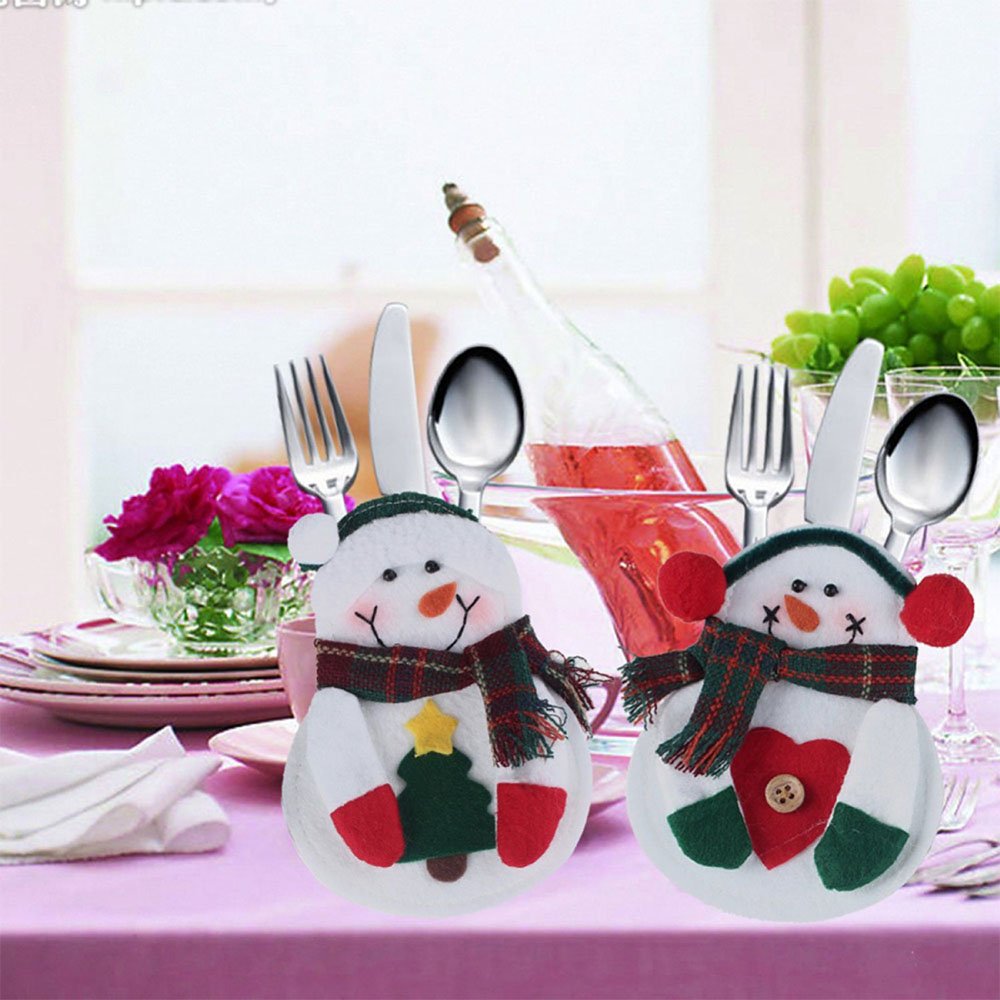 Deggod 8Pcs Christmas Tableware Holders Set, White Snowman Knife and Fork Bags Covers for Thanksgiving New Year Christmas Party Decorations Xmas Dinner Table Decor Ornaments (White)