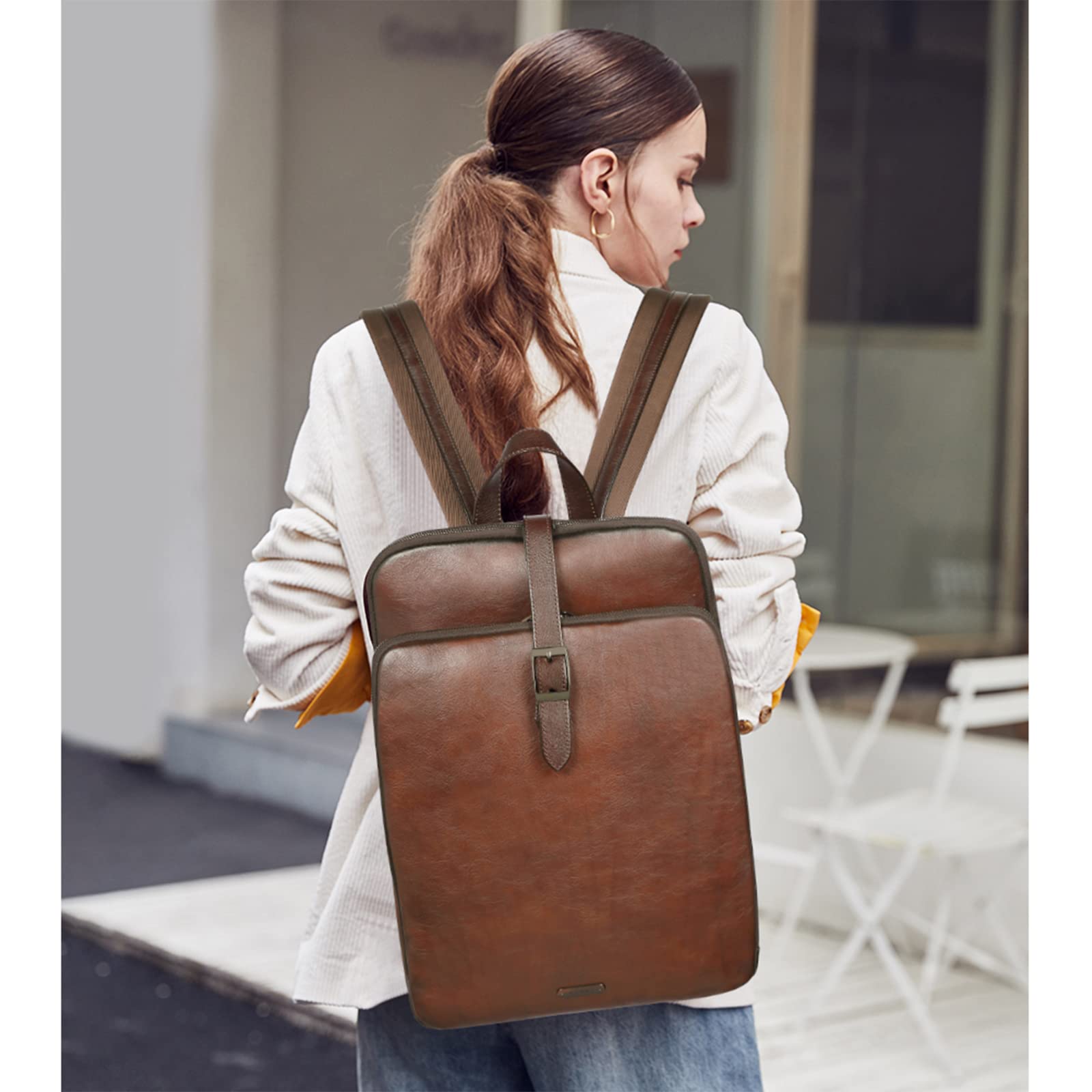 CLUCI Women Laptop Backpack Purse Vegetable Tanned Full Grain Leather 15.6 inch Computer Bag Business Casual Travel Daypack Yellowish Brown
