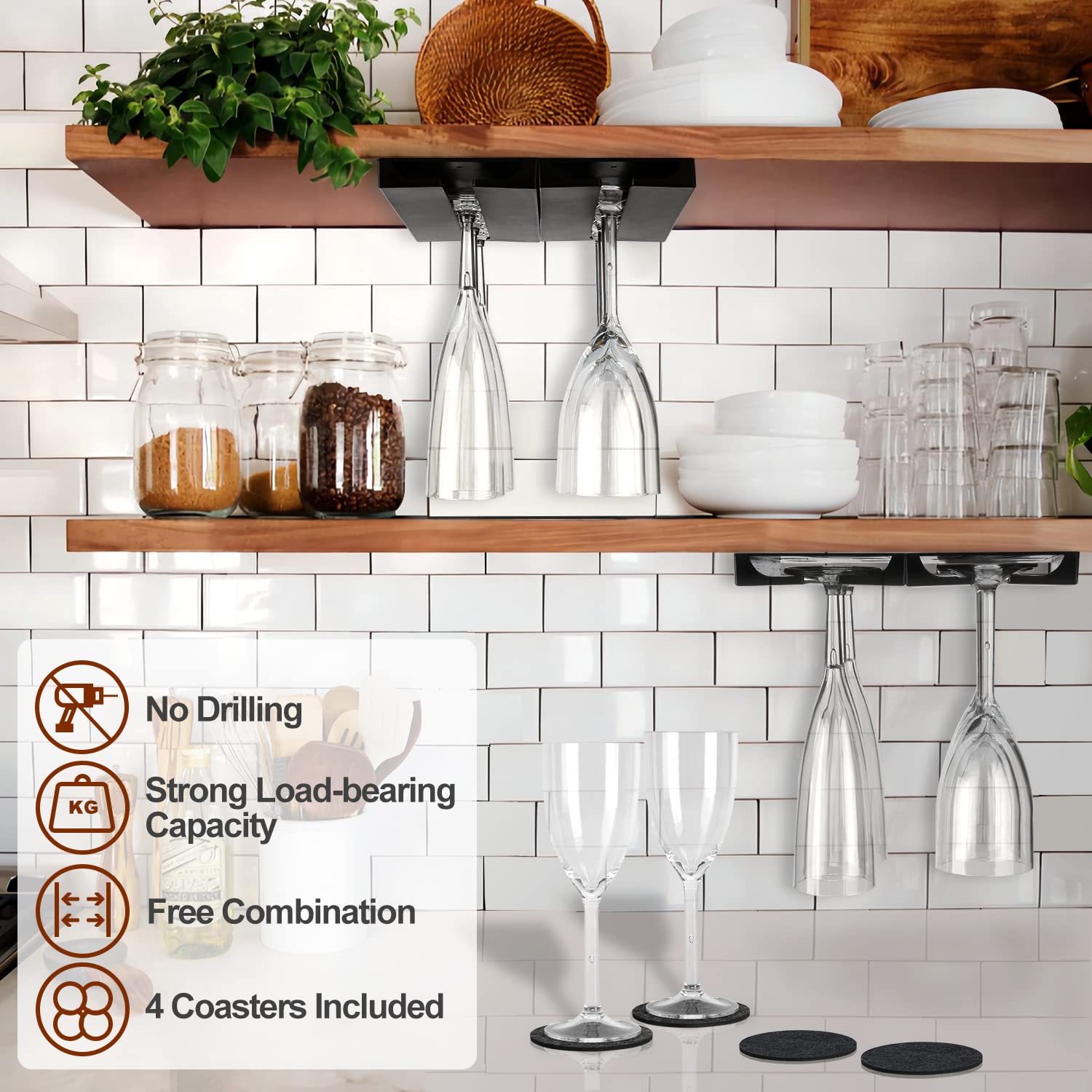 PTBeenta Plastic Wine Glass Rack, No Drilling Wine Glasses Holder Under Shelf & Cabinet, Hanging Stemware Rack Organizer Hanger for Bar Cabinet Kitchen, 4 Pack, Black, 4 Coasters Included
