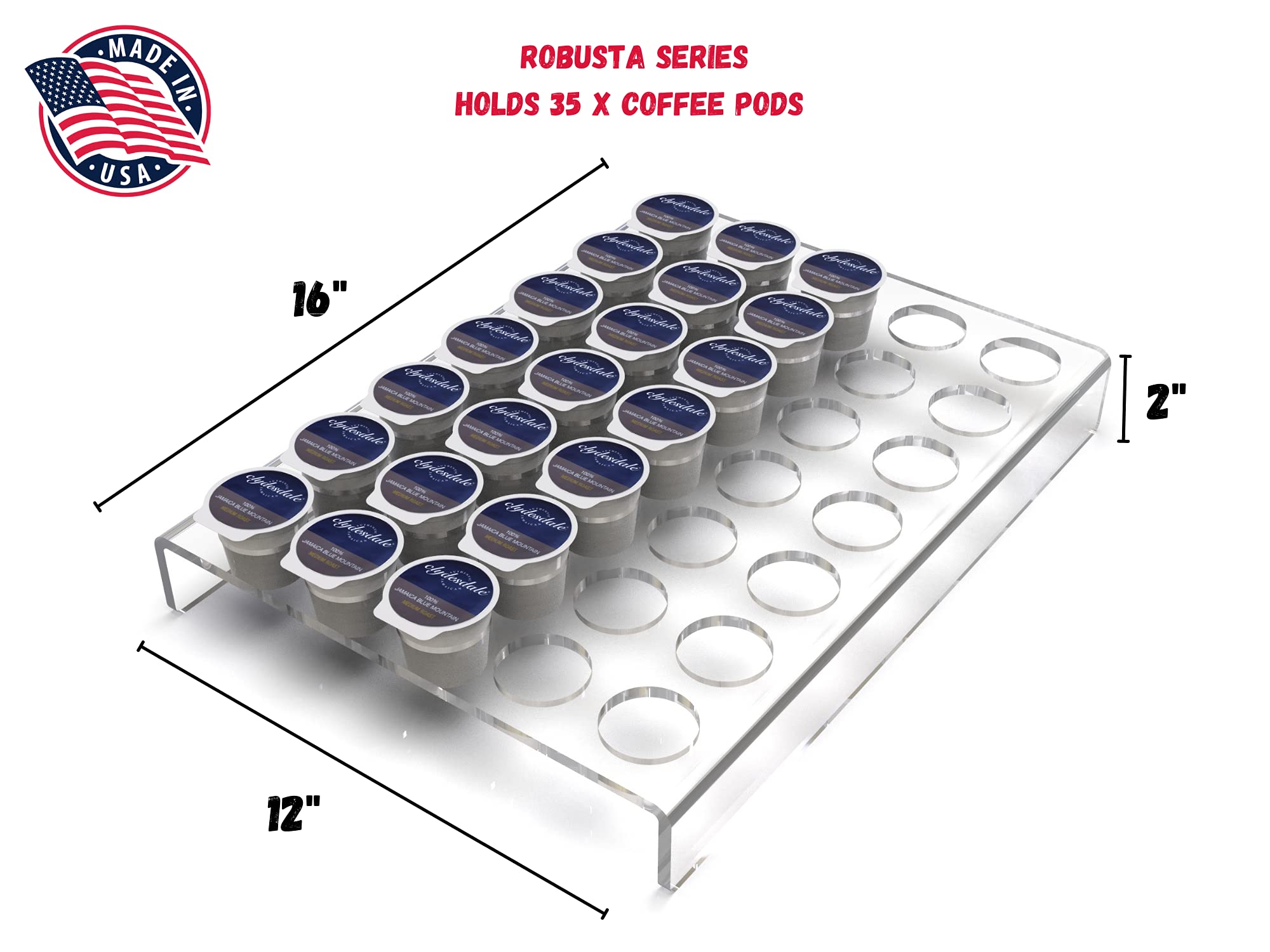 Flat countertop coffee pod holder k cup organizer tray | Coffee pod organizer for 35 coffee pods | Compatible with k-cups | Clear acrylic | Countertop or in drawer storage | Made in the USA