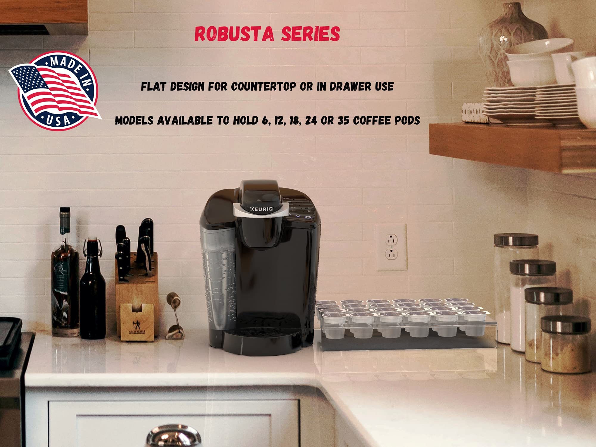 Flat countertop coffee pod holder k cup organizer tray | Coffee pod organizer for 35 coffee pods | Compatible with k-cups | Clear acrylic | Countertop or in drawer storage | Made in the USA