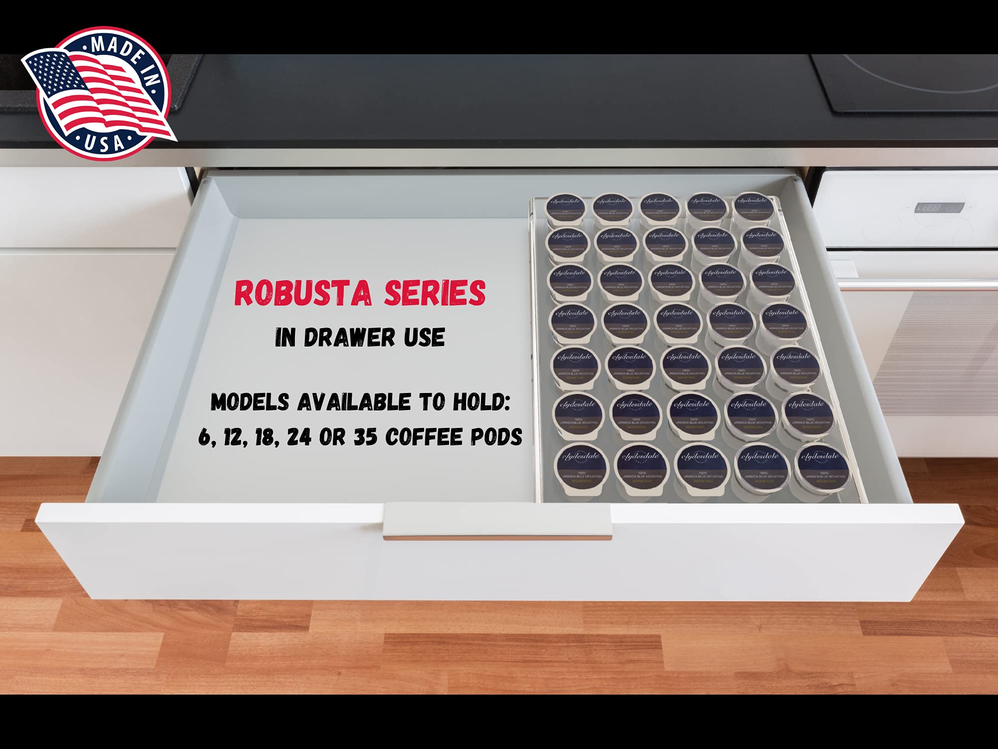 Flat countertop coffee pod holder k cup organizer tray | Coffee pod organizer for 35 coffee pods | Compatible with k-cups | Clear acrylic | Countertop or in drawer storage | Made in the USA