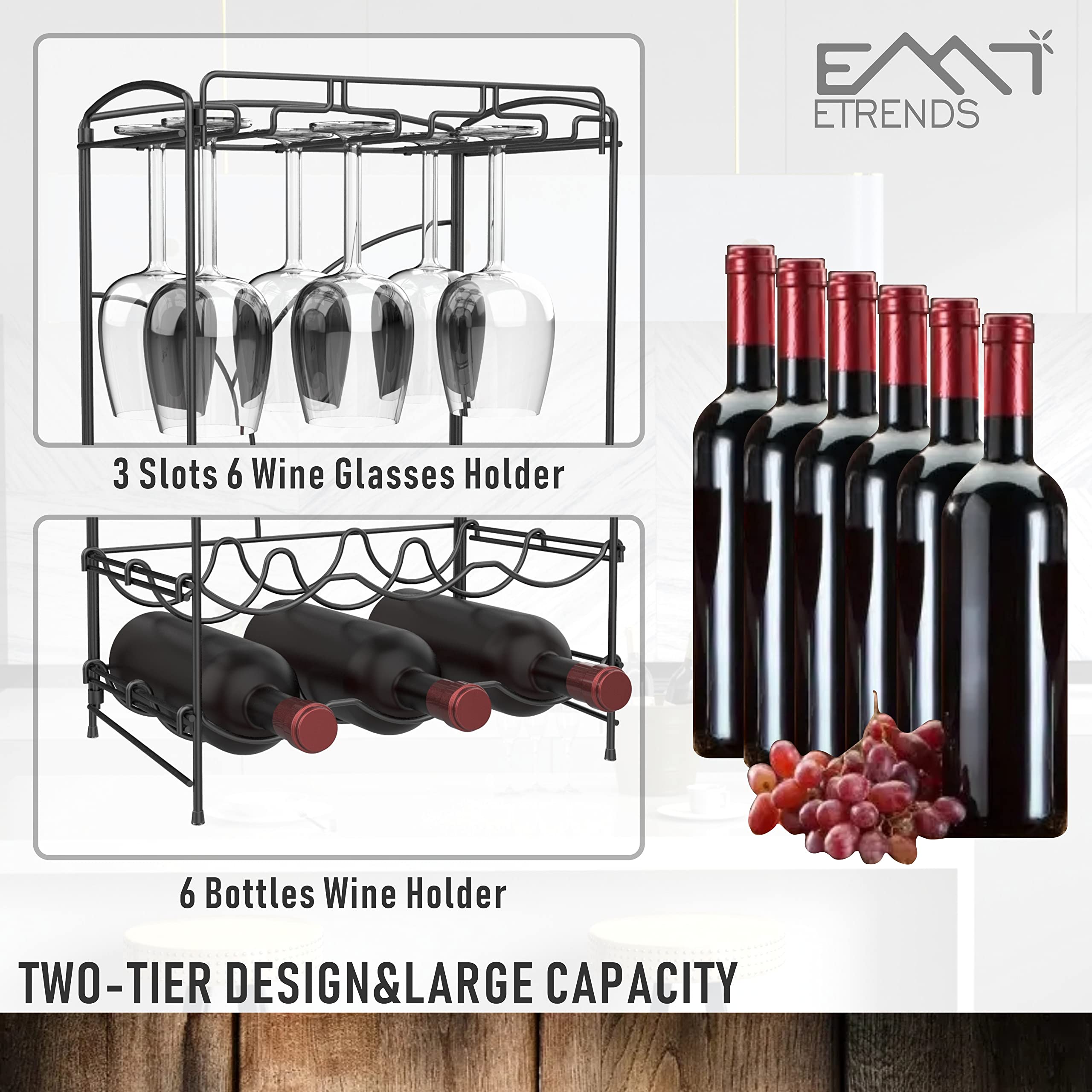 EMT ETRENDS Wine Rack Countertop, Wine Holder for 6 Bottles and 6-9 Glasses, Freestanding Wine Storage Shelves for Kitchen, Pantry, Cellar, Bar, Black.