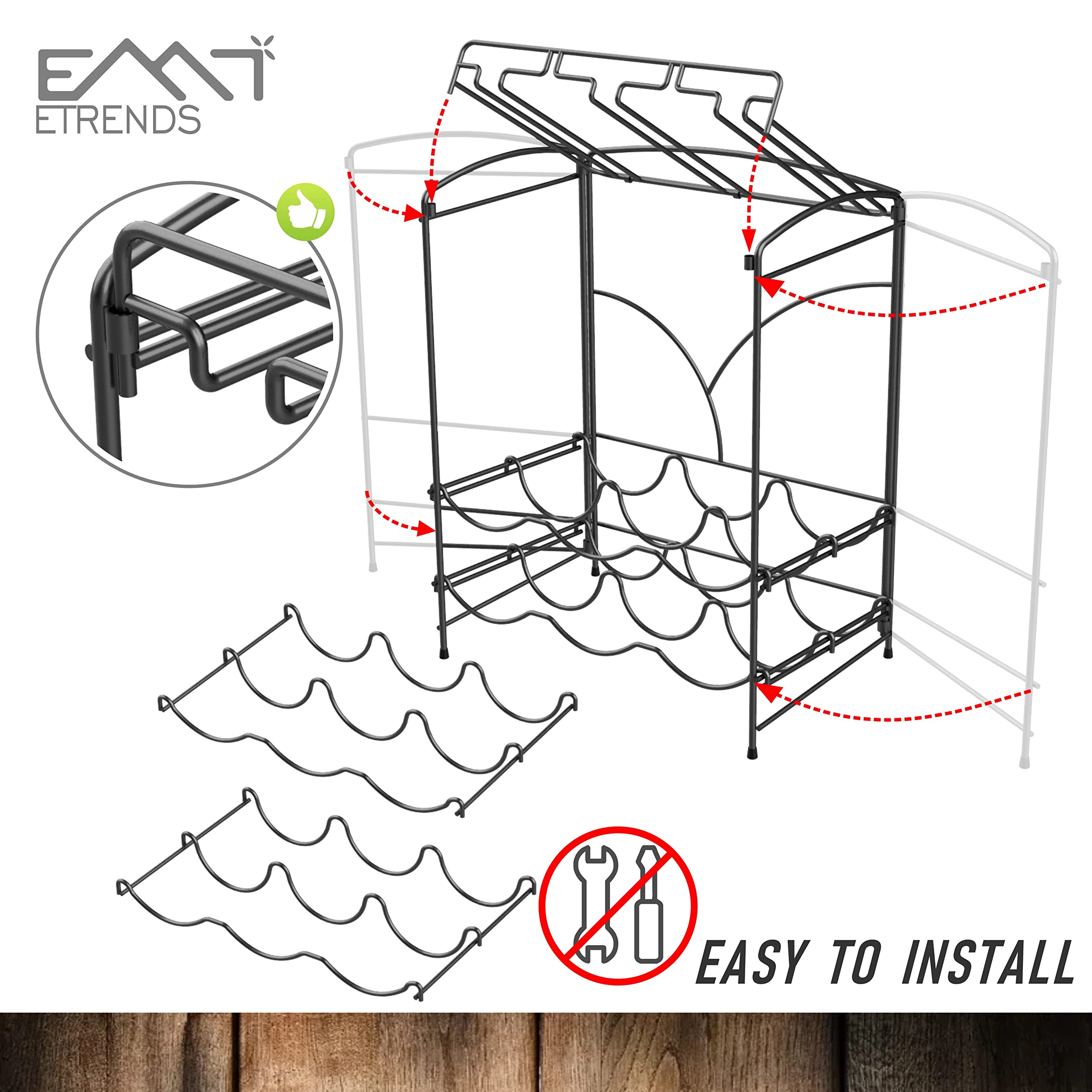 EMT ETRENDS Wine Rack Countertop, Wine Holder for 6 Bottles and 6-9 Glasses, Freestanding Wine Storage Shelves for Kitchen, Pantry, Cellar, Bar, Black.