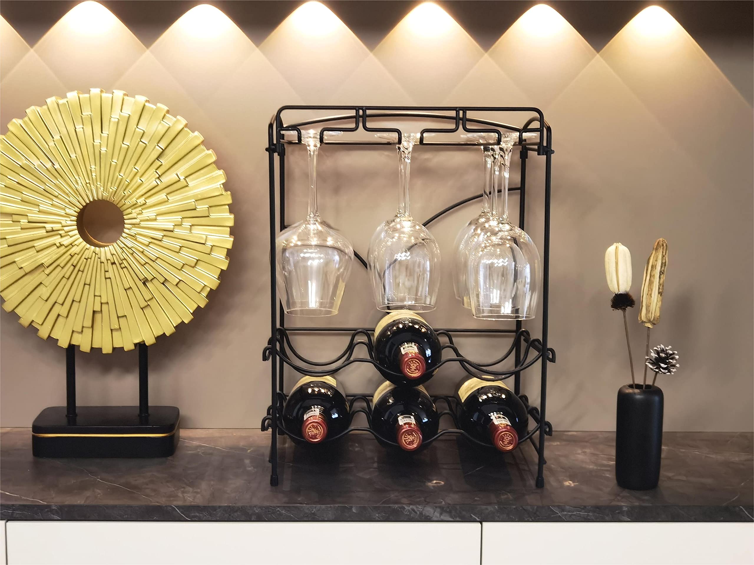EMT ETRENDS Wine Rack Countertop, Wine Holder for 6 Bottles and 6-9 Glasses, Freestanding Wine Storage Shelves for Kitchen, Pantry, Cellar, Bar, Black.