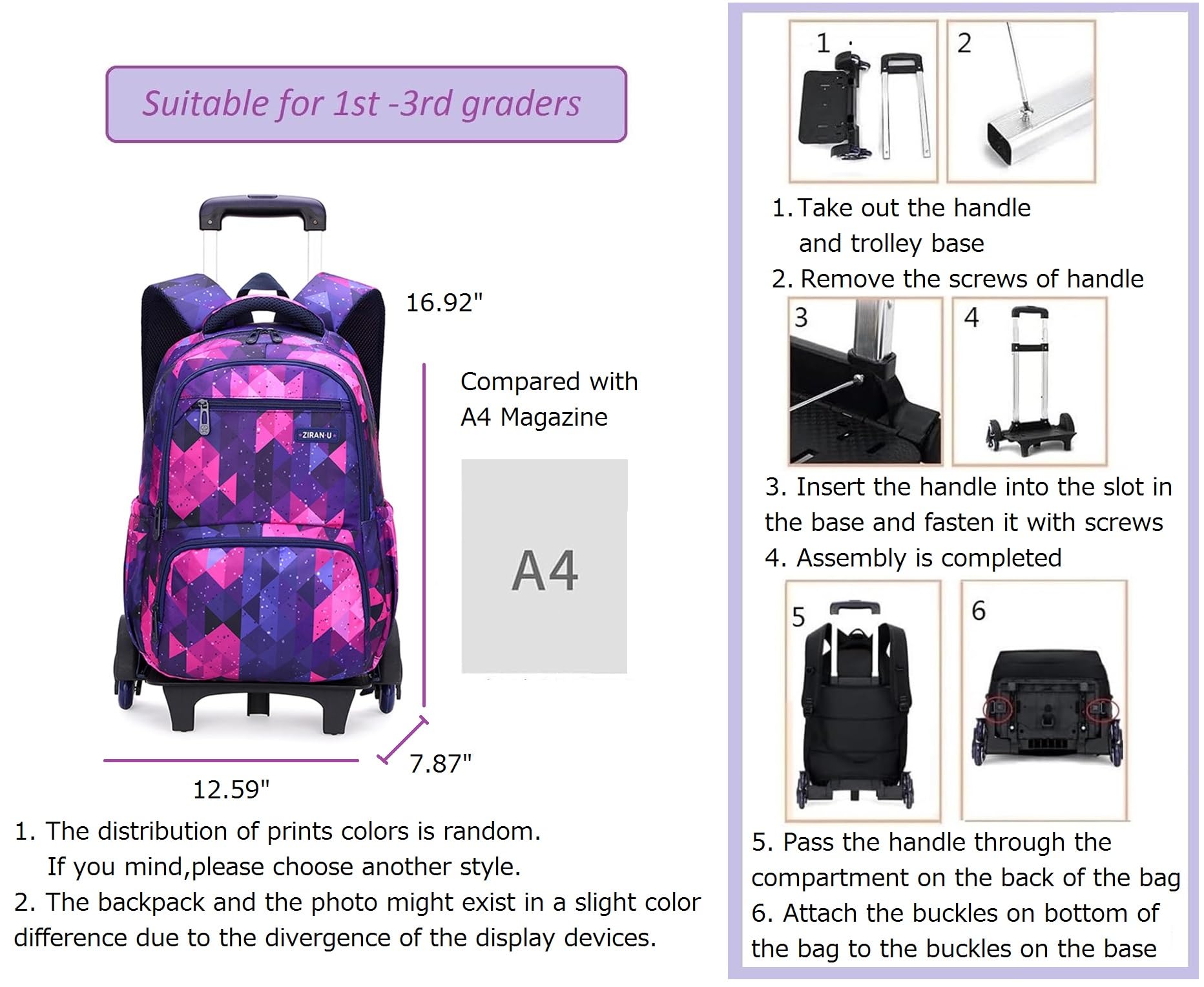 ETAISHOW Boys Girls Rolling Backpack with Wheels Geometric Kids Roller School Bag Wheeled Bookbag for Women Purple