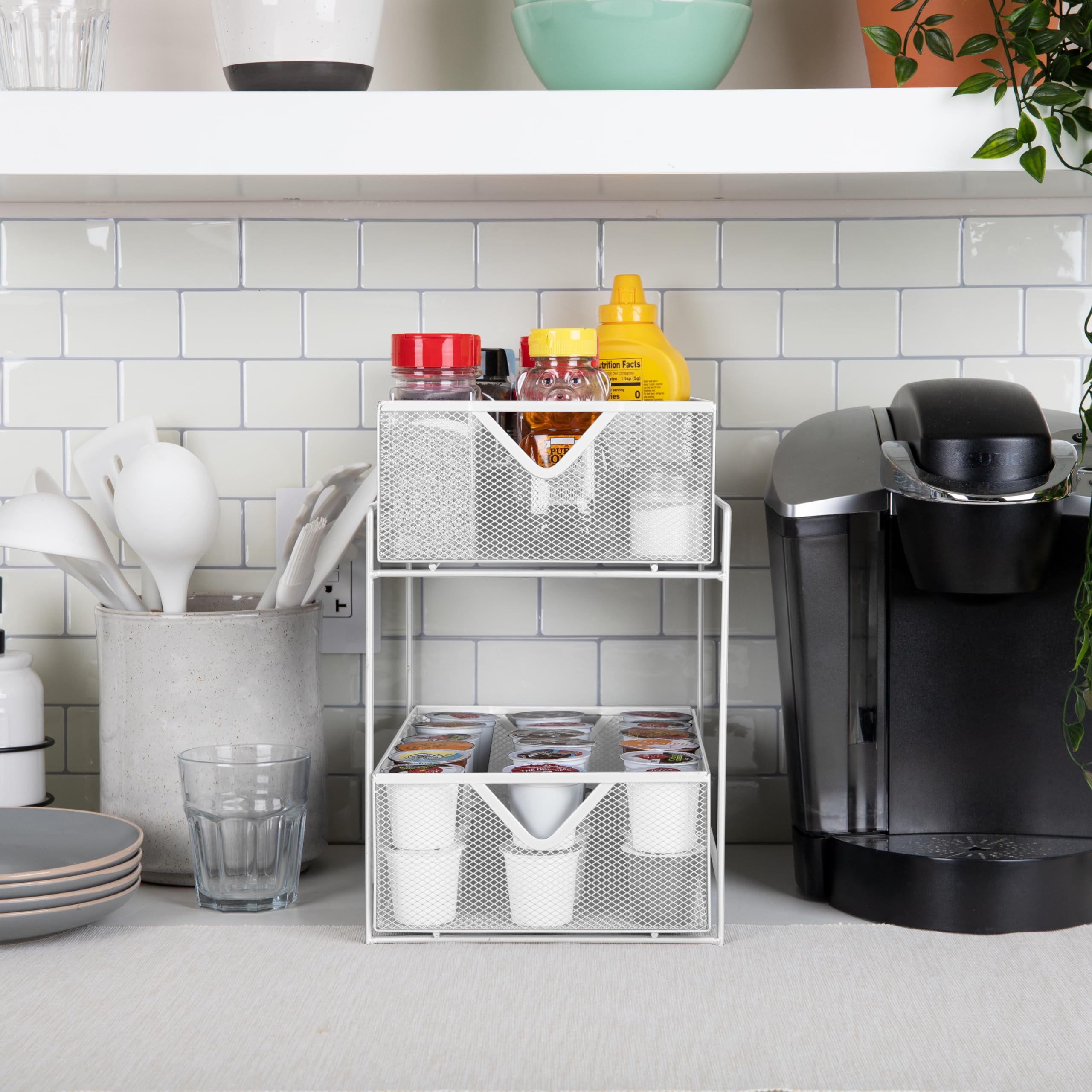 Mind Reader Sliding Metal Baskets, Cabinet Storage Organizer, Home, Office, Kitchen, Bathroom, One Size, White 2 Tier Mesh