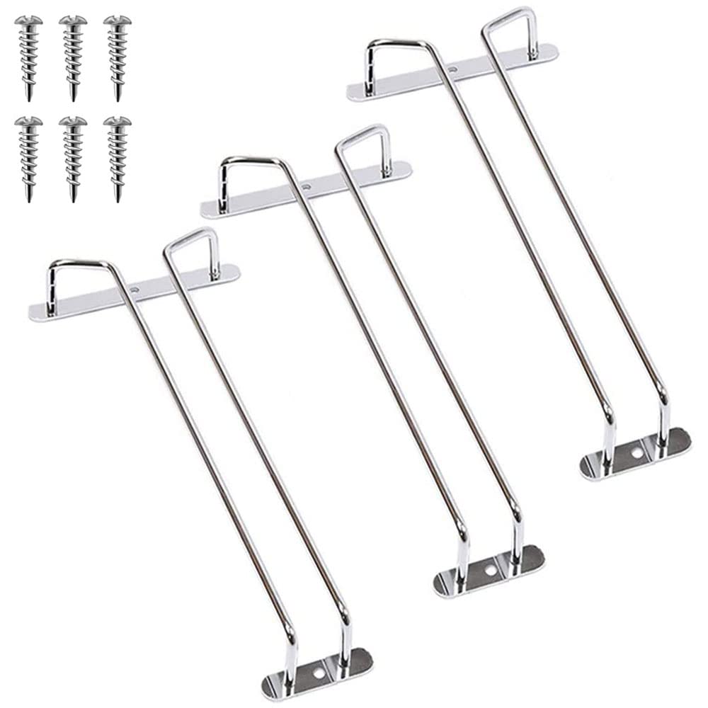 Junvaia 3 Pack Wine Glass Rack, Under Cabinet Wine Glass Holder, 10.6" Stemware Rack Hanging Wine Rack Anti-rust Chrome Plating Metal Organizer Glasses Storage for Bar Kitchen Wine Rack Under Cabinet