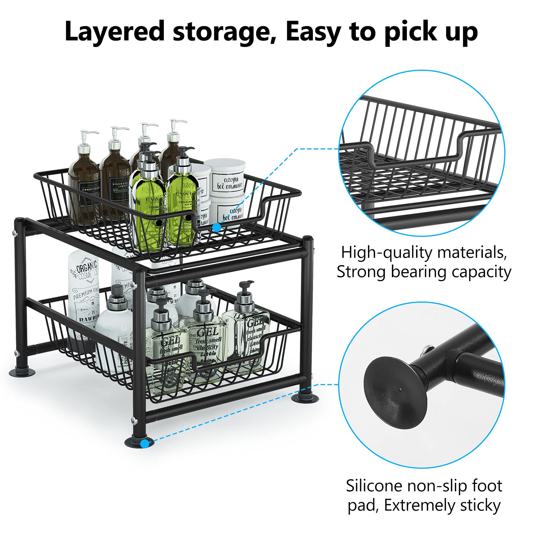 Under Sink Organzier, 1Easylife 2 Tier Sliding Cabinet Basket Under Sink Storage Pull Out Organizer Rack Black with Anti-slip Beads and Silicone Sucker Multi-purpose for Kitchen Bathroom