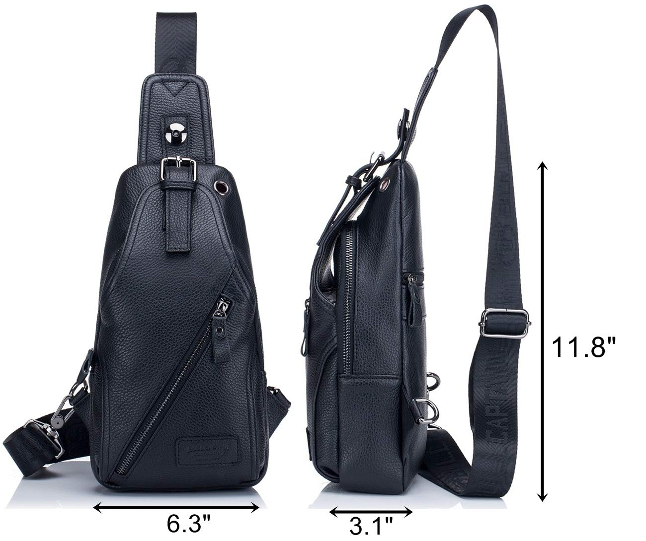 BULLCAPTAIN Genuine Leather Men Shoulder bag Sling Chest bag Travel Hiking Backpack Crossbody Bag (Black)