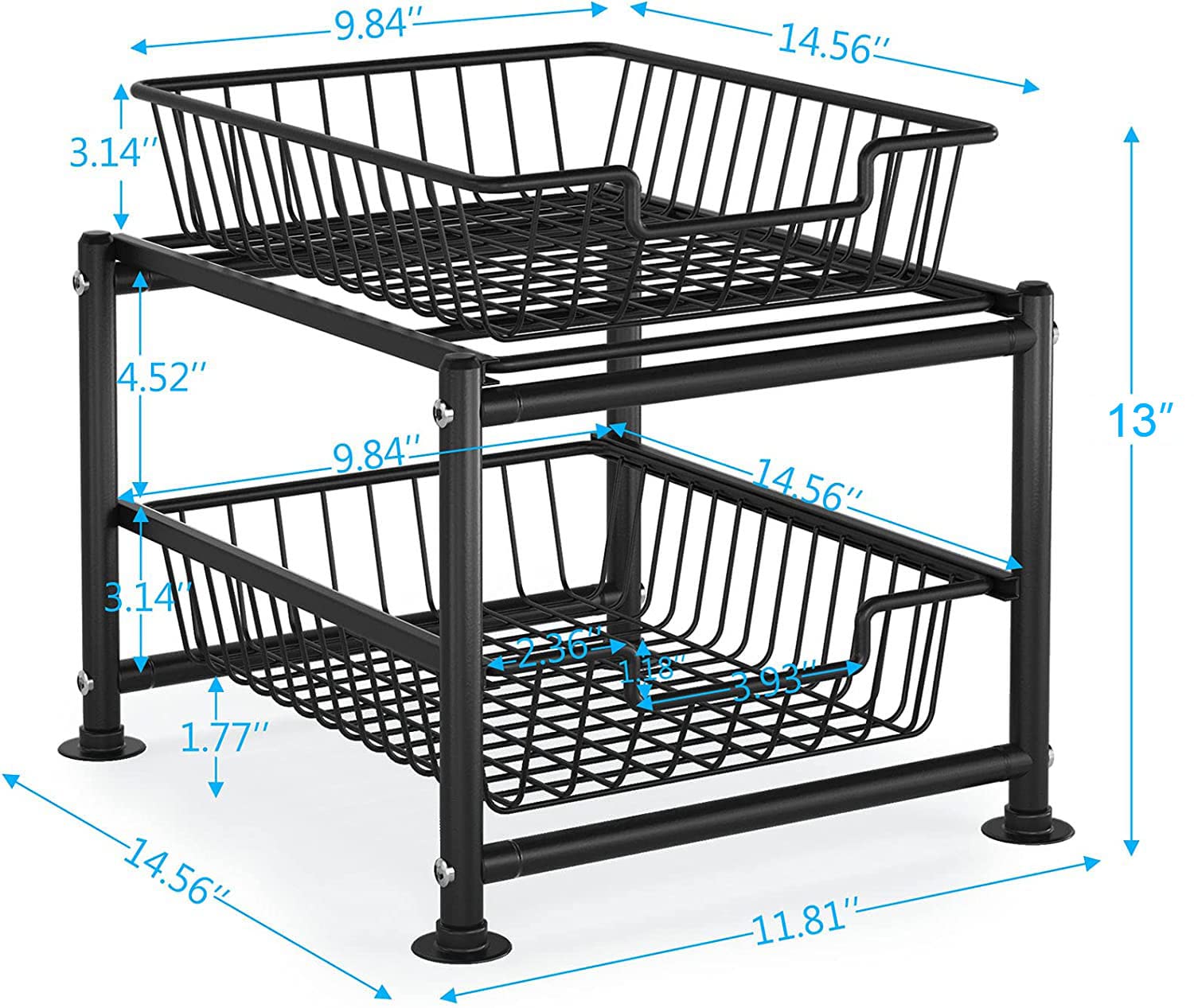 Under Sink Organzier, 1Easylife 2 Tier Sliding Cabinet Basket Under Sink Storage Pull Out Organizer Rack Black with Anti-slip Beads and Silicone Sucker Multi-purpose for Kitchen Bathroom