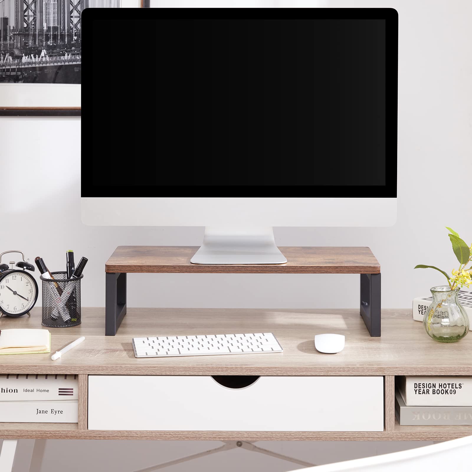 JAWNLITY Multi-Purpose Computer Monitor Stand Riser, Extra Long Wood Desktop Organizer Shelf for Laptop and Computer Screen, 21.6’’L X 9’’W X 5.5’’H, Rustic Brown