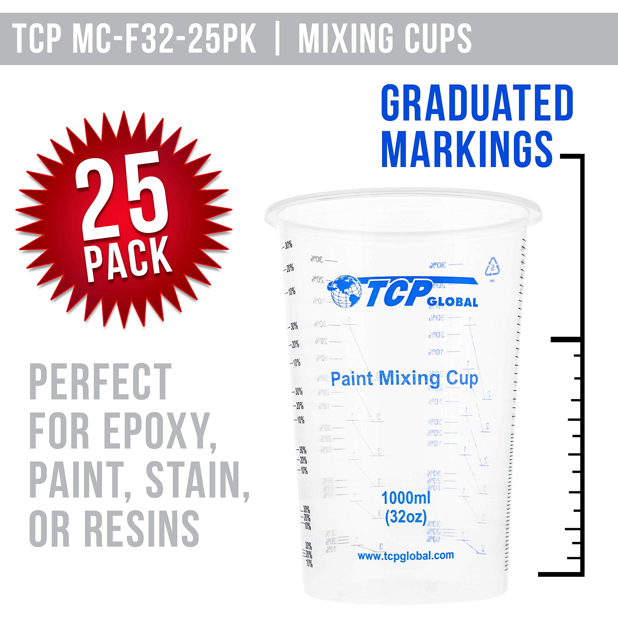 TCP Global 32 Ounce (1000ml) Disposable Flexible Clear Graduated Plastic Mixing Cups - Box of 25 Cups - Use for Paint, Resin, Epoxy, Art, Kitchen, Cooking, Baking - Measuring Ratios 2-1, 3-1, 4-1, ML