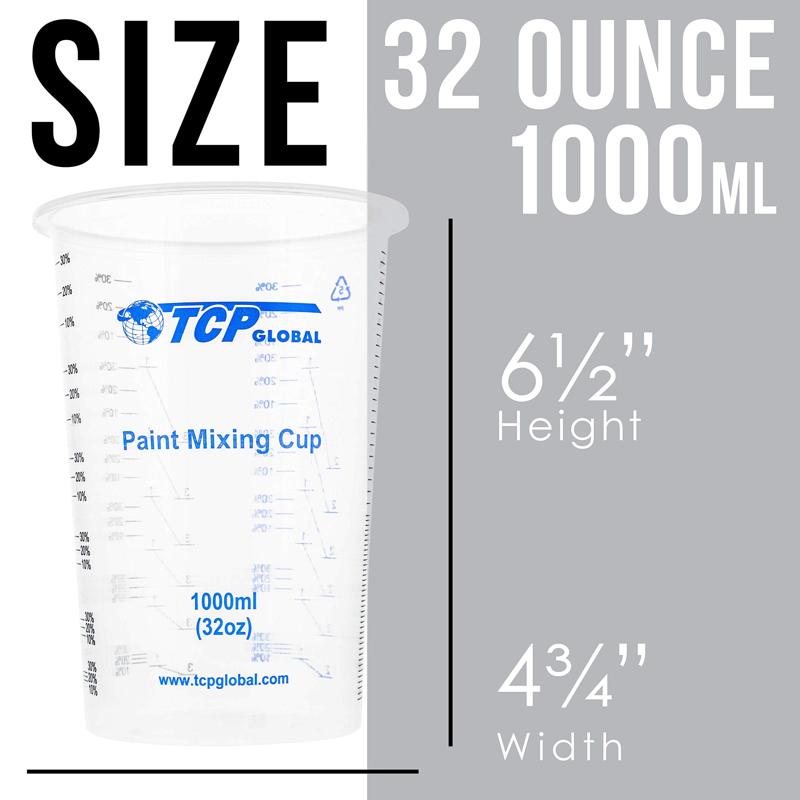 TCP Global 32 Ounce (1000ml) Disposable Flexible Clear Graduated Plastic Mixing Cups - Box of 25 Cups - Use for Paint, Resin, Epoxy, Art, Kitchen, Cooking, Baking - Measuring Ratios 2-1, 3-1, 4-1, ML