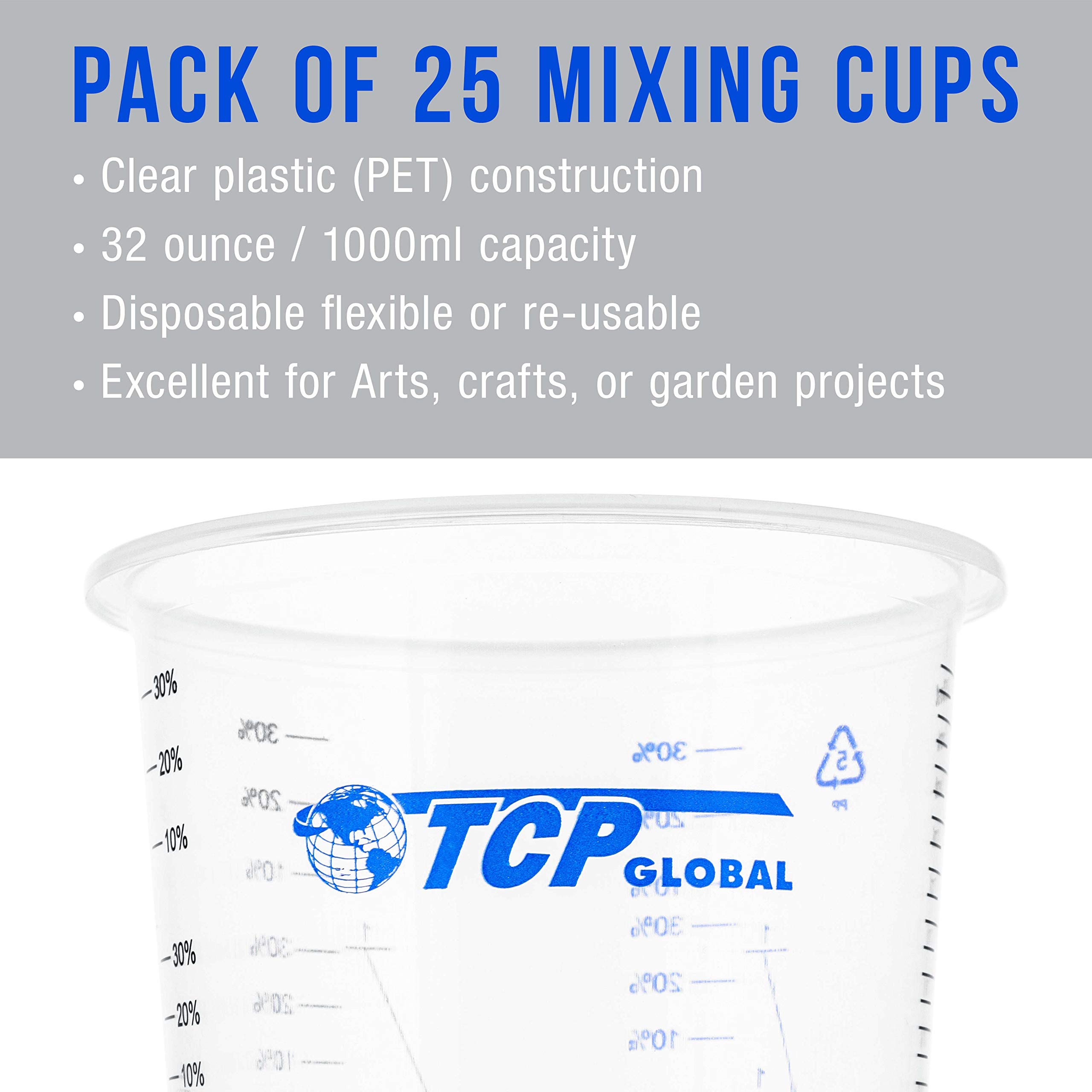 TCP Global 32 Ounce (1000ml) Disposable Flexible Clear Graduated Plastic Mixing Cups - Box of 25 Cups - Use for Paint, Resin, Epoxy, Art, Kitchen, Cooking, Baking - Measuring Ratios 2-1, 3-1, 4-1, ML