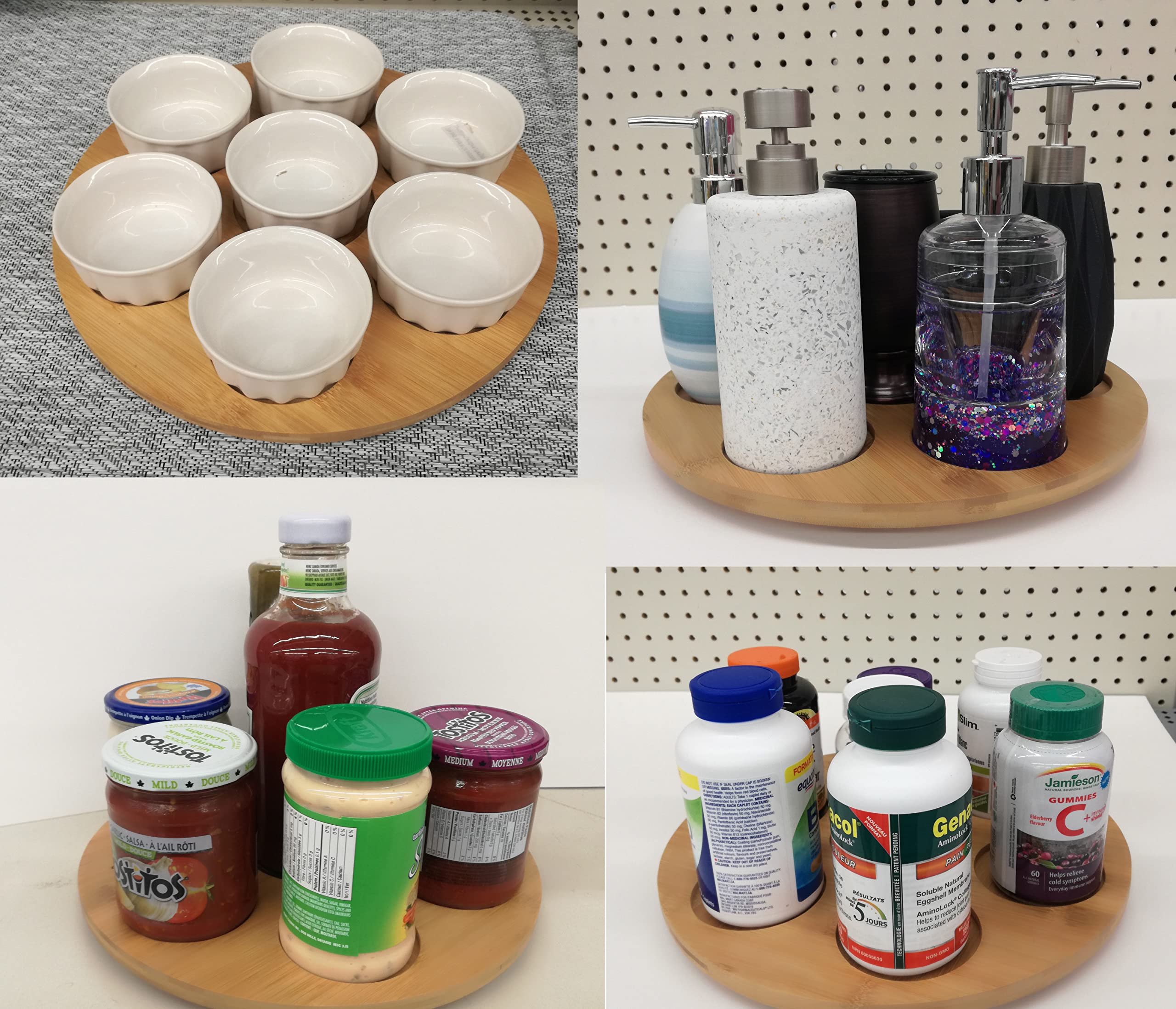 Coffee Syrup Rack, Bottle Display, 12" Bamboo Lazy Susan, No Plastic Both Sides Wooden Tray for Cupcake Bottle of Wine Sauce, Spice Organizer, Rotating Turntable Countertop Wooden Tray