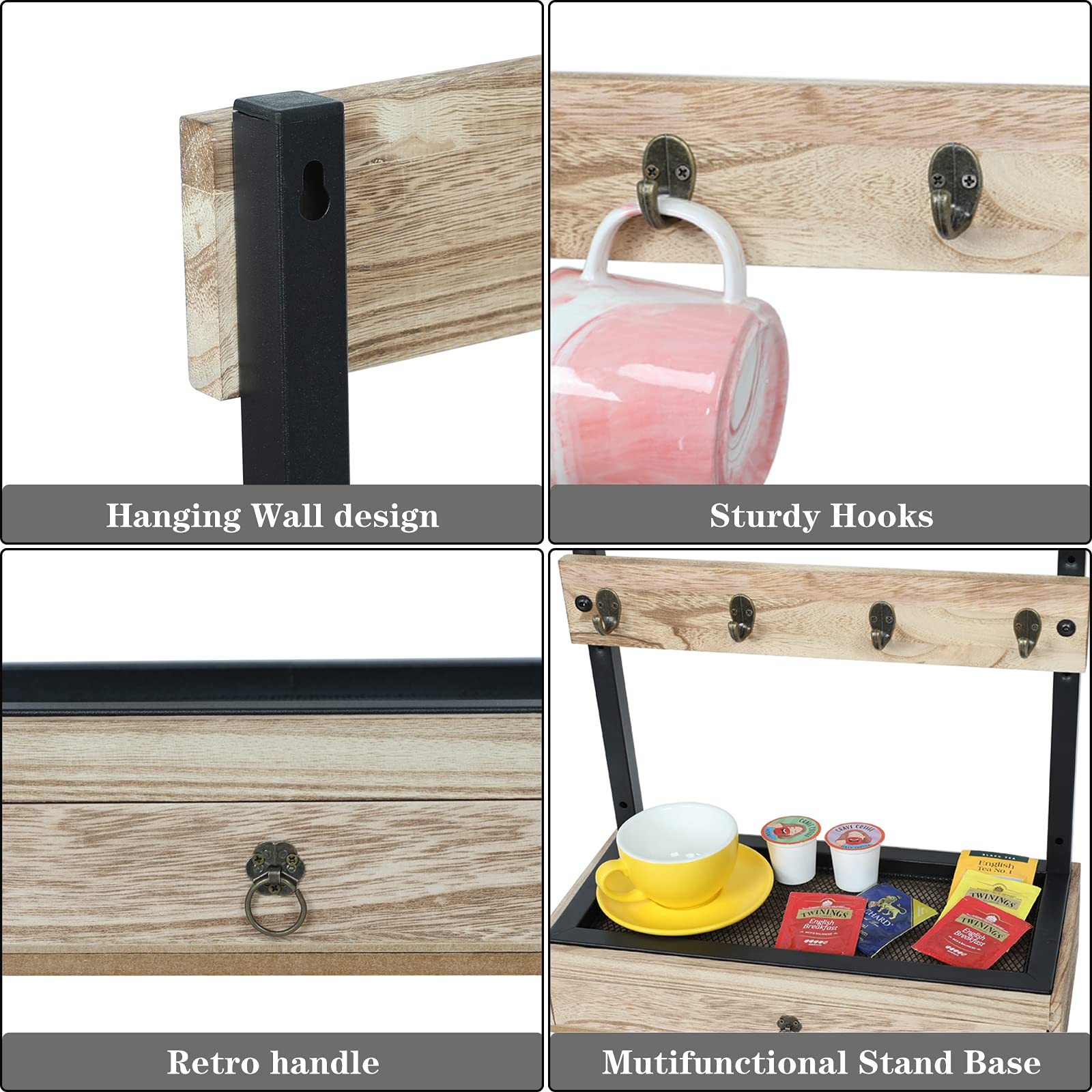 Yuzehuaza Wood Mug Cup Rack Stand with Drawer,2 Tier Countertop Coffee Mug Storage Holder for Coffee Mug Cups Display Organizer Hook,Hold 8 Mugs