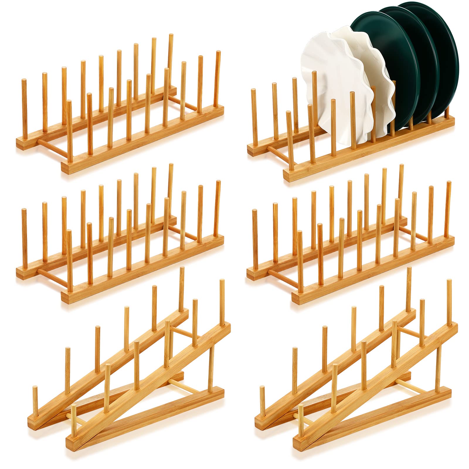 6 Pcs Bamboo Dish Rack 8 Slots Wooden Plates Rack Drying Organizer for Cabinet Classroom Book Organize Pot Lid Holder Bowl Cup Cutting Board Wood Display Stand for Kitchen Cabinet Storage Organizer
