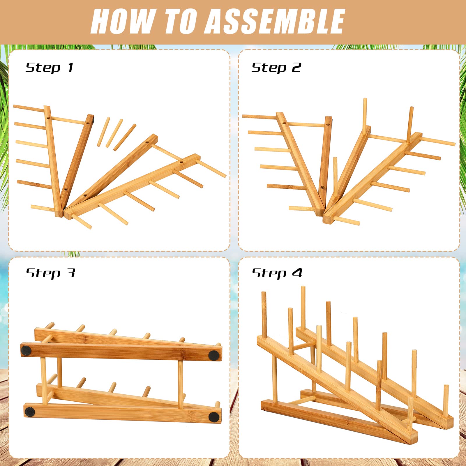 6 Pcs Bamboo Dish Rack 8 Slots Wooden Plates Rack Drying Organizer for Cabinet Classroom Book Organize Pot Lid Holder Bowl Cup Cutting Board Wood Display Stand for Kitchen Cabinet Storage Organizer