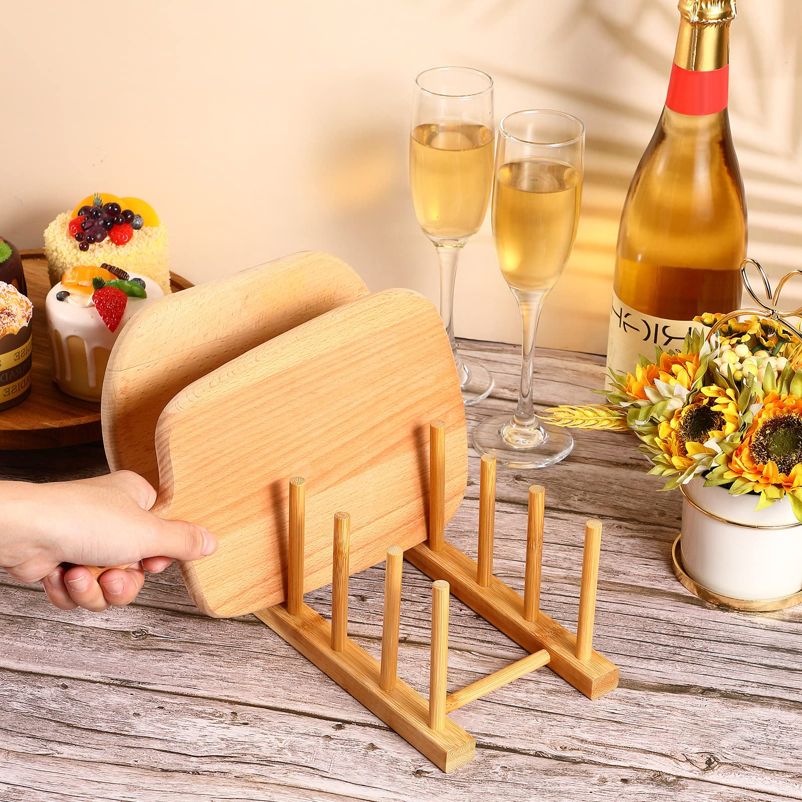 6 Pcs Bamboo Dish Rack 8 Slots Wooden Plates Rack Drying Organizer for Cabinet Classroom Book Organize Pot Lid Holder Bowl Cup Cutting Board Wood Display Stand for Kitchen Cabinet Storage Organizer
