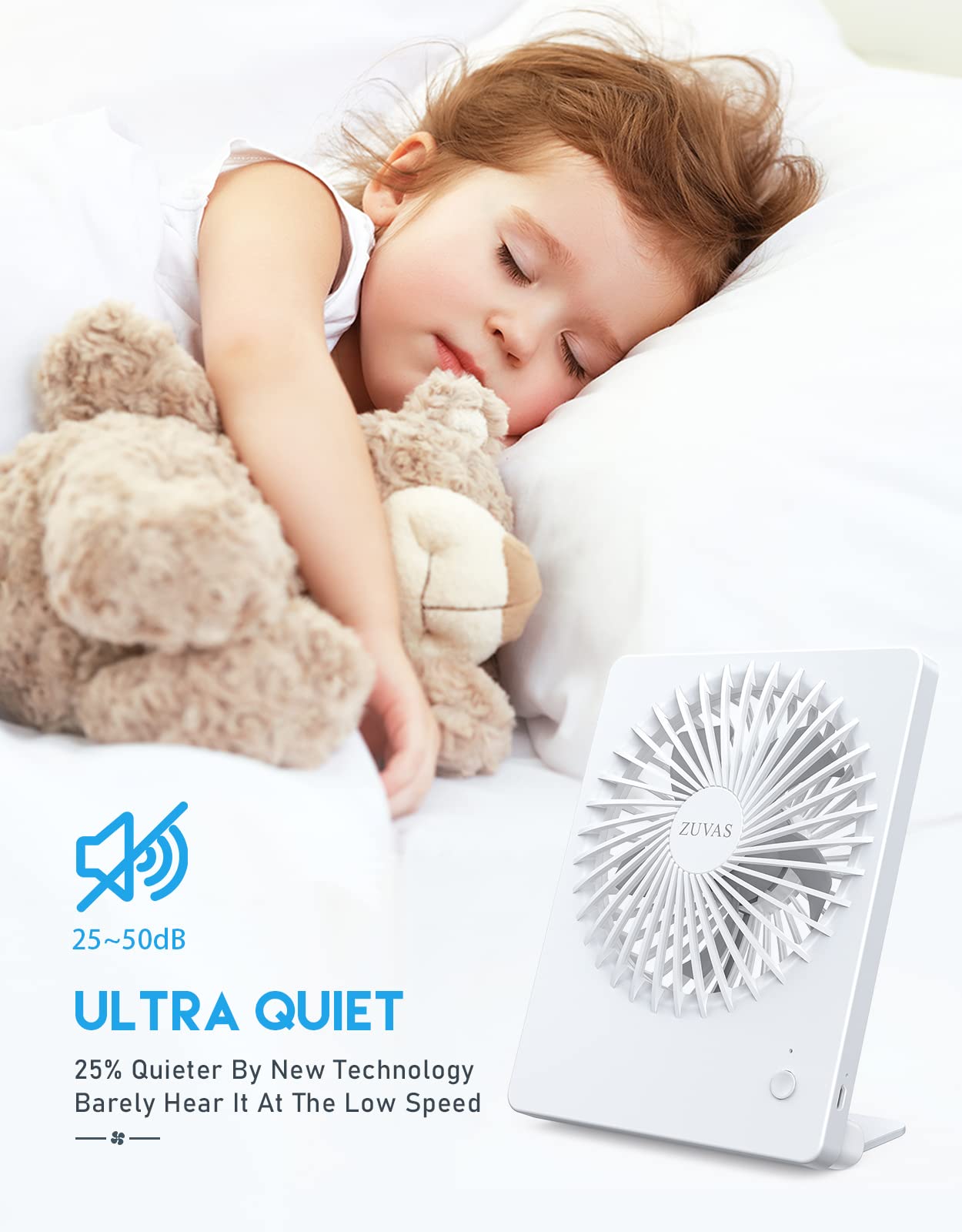 Zuvas Desk Fan Battery Operated , Rechargeable 180°Tilt Folding Personal Ultra Quiet Small Portable Fan 3 Speed Adjustable Strong Wind USB Fan For Office Bedroom Home Desktop Camping (White)