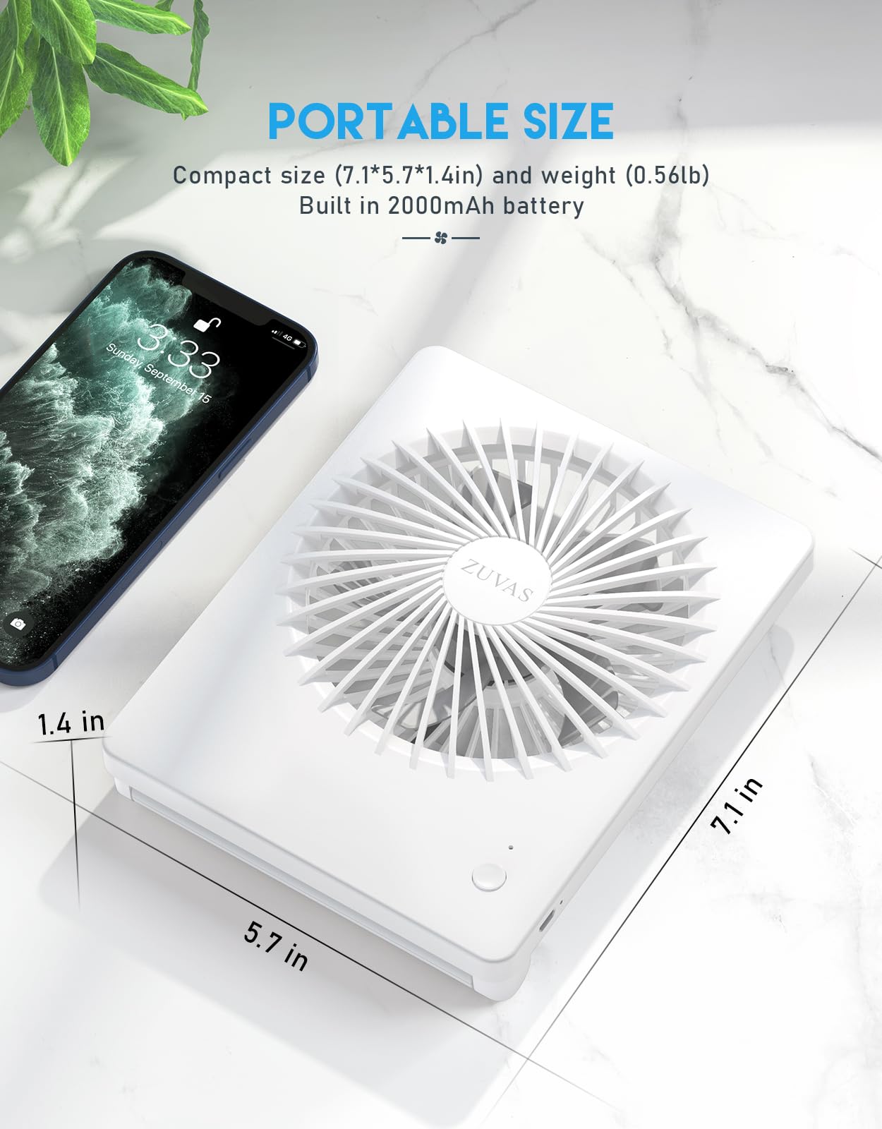 Zuvas Desk Fan Battery Operated , Rechargeable 180°Tilt Folding Personal Ultra Quiet Small Portable Fan 3 Speed Adjustable Strong Wind USB Fan For Office Bedroom Home Desktop Camping (White)