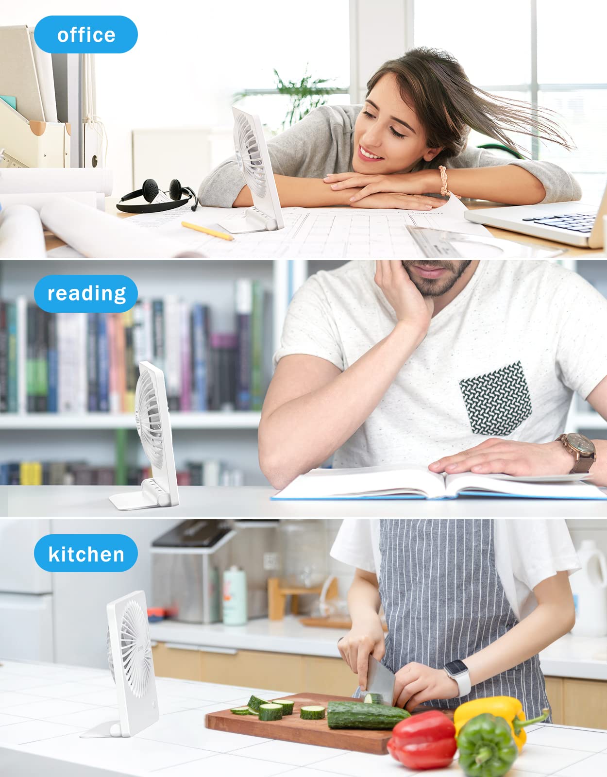 Zuvas Desk Fan Battery Operated , Rechargeable 180°Tilt Folding Personal Ultra Quiet Small Portable Fan 3 Speed Adjustable Strong Wind USB Fan For Office Bedroom Home Desktop Camping (White)