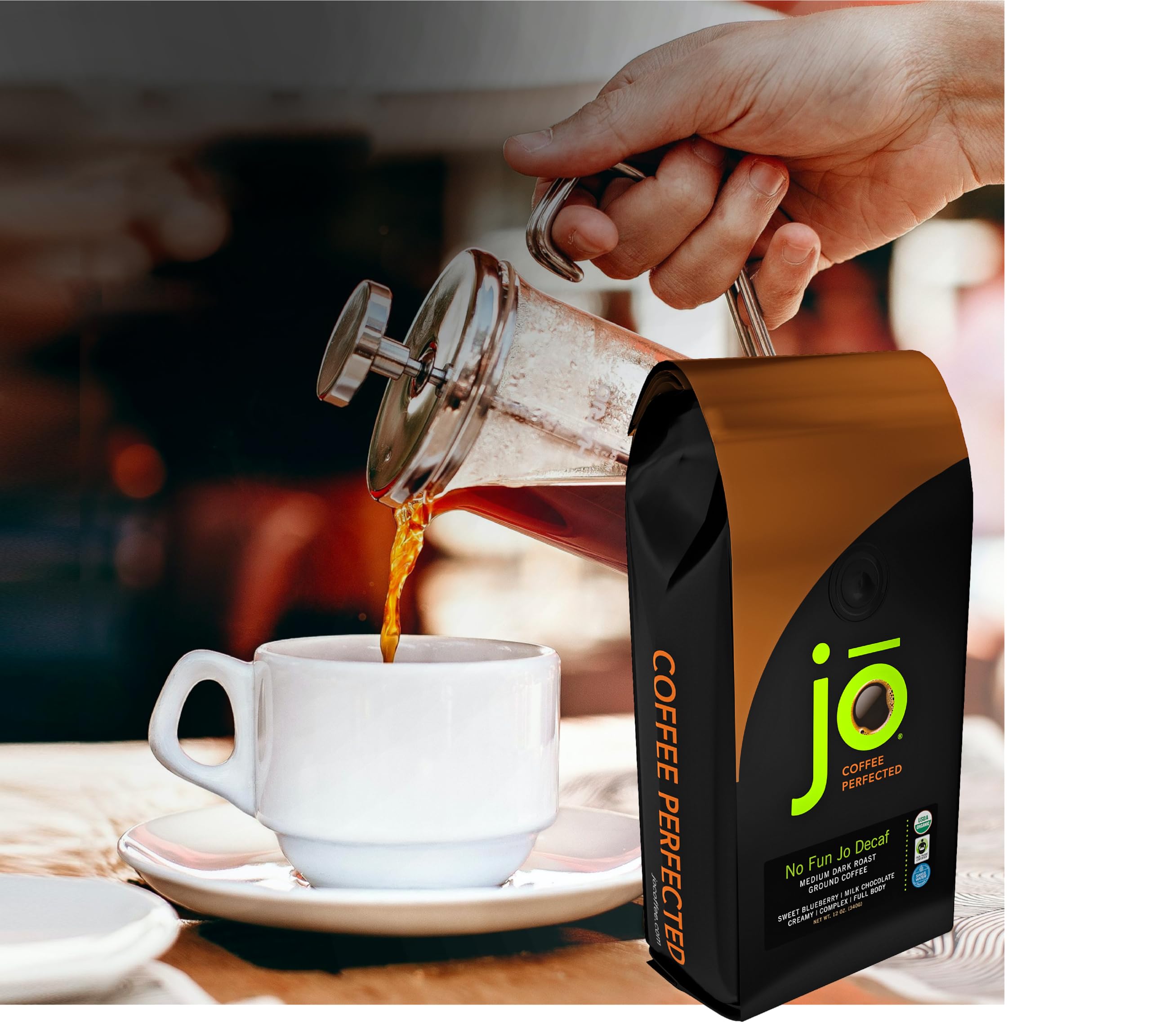 NO FUN JO DECAF: 12 oz, Organic Decaf Ground Coffee, Swiss Water Process, Fair Trade Certified, Medium Dark Roast, 100% Arabica Coffee, USDA Certified Organic, NON-GMO, Chemical & Gluten Free