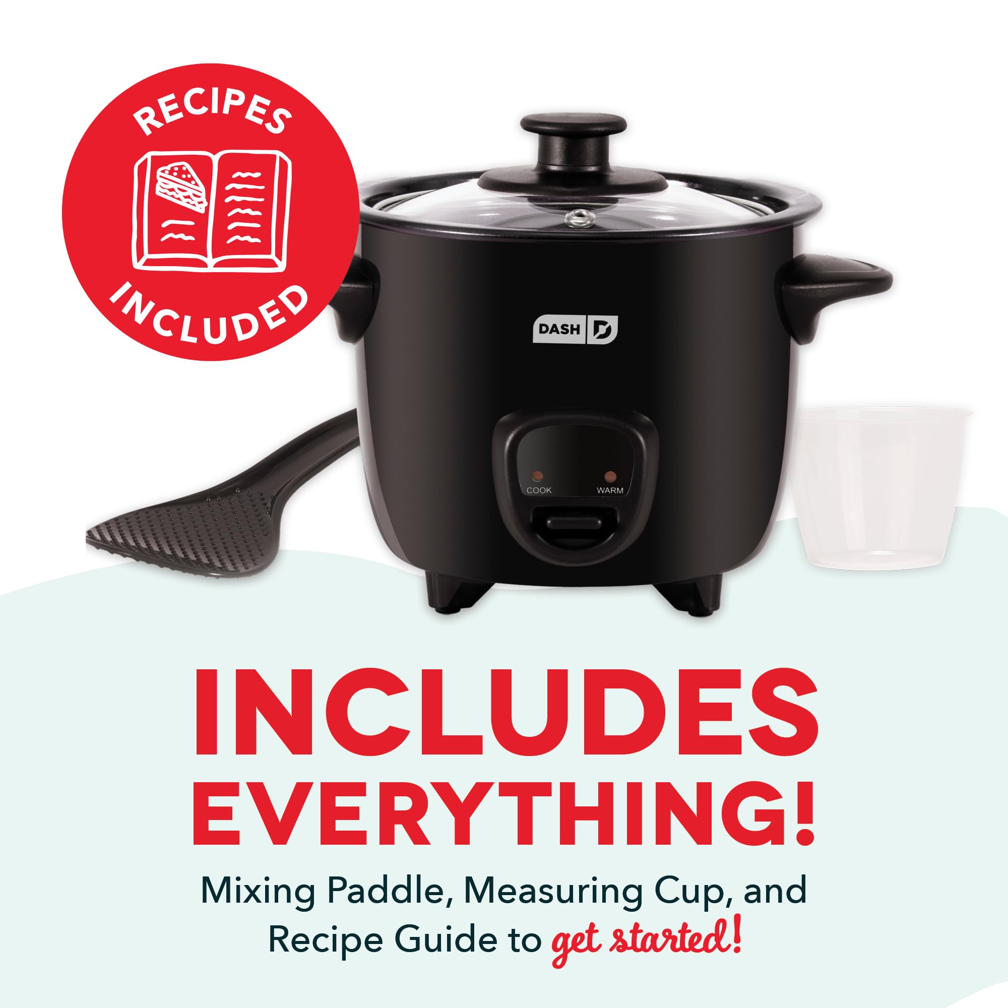DASH Mini Rice Cooker Steamer with Removable Nonstick Pot, Keep Warm Function & Recipe Guide, 2 cups, for Soups, Stews, Grains & Oatmeal - Black