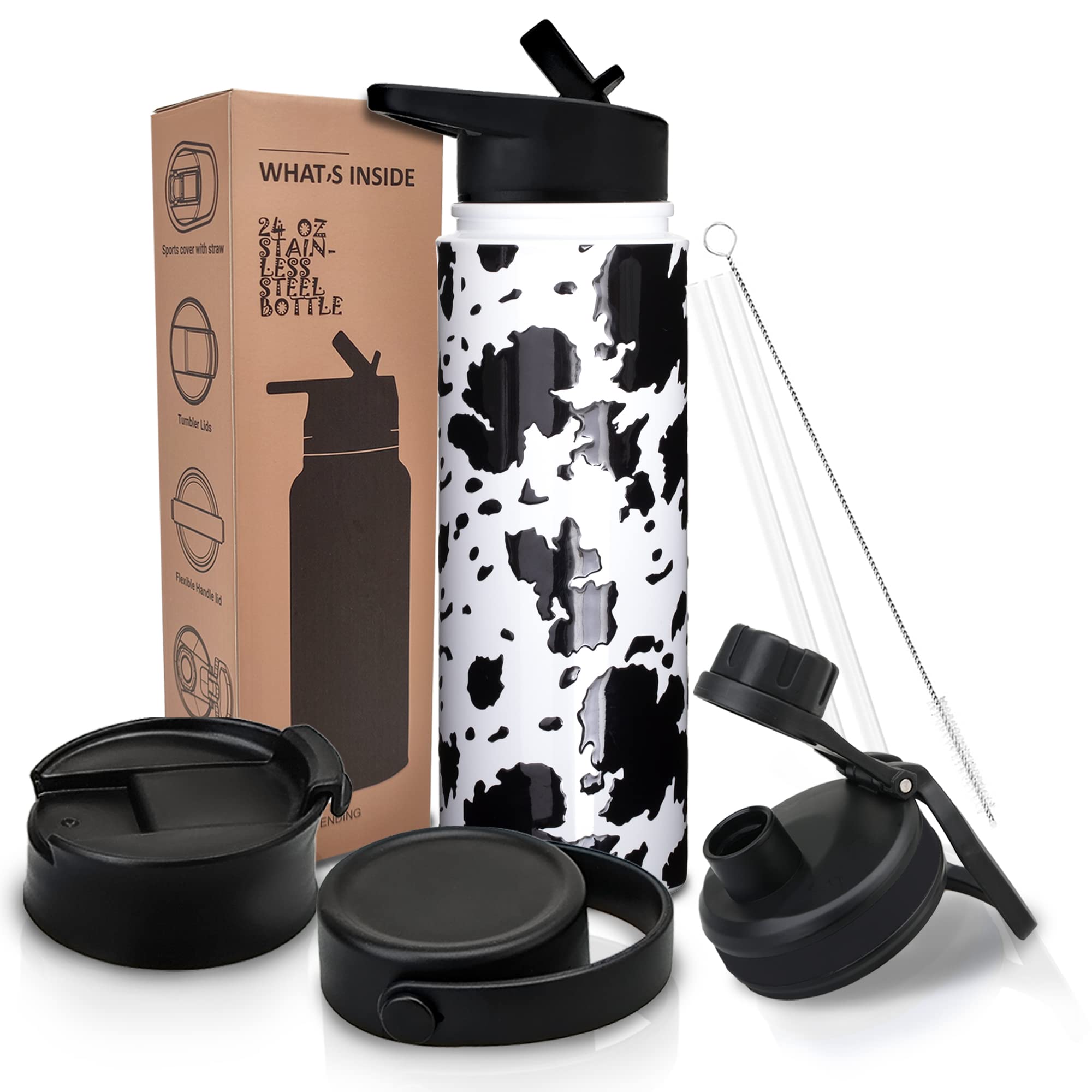Boelia Cow Print Water Bottles Insulated Stainless Steel Water Bottle,4 lids Water Bottle with Straw Vacuum Insulated Keep Hot and Cold BPA Free 24 oz for Workout,Travel,Sports, Camping