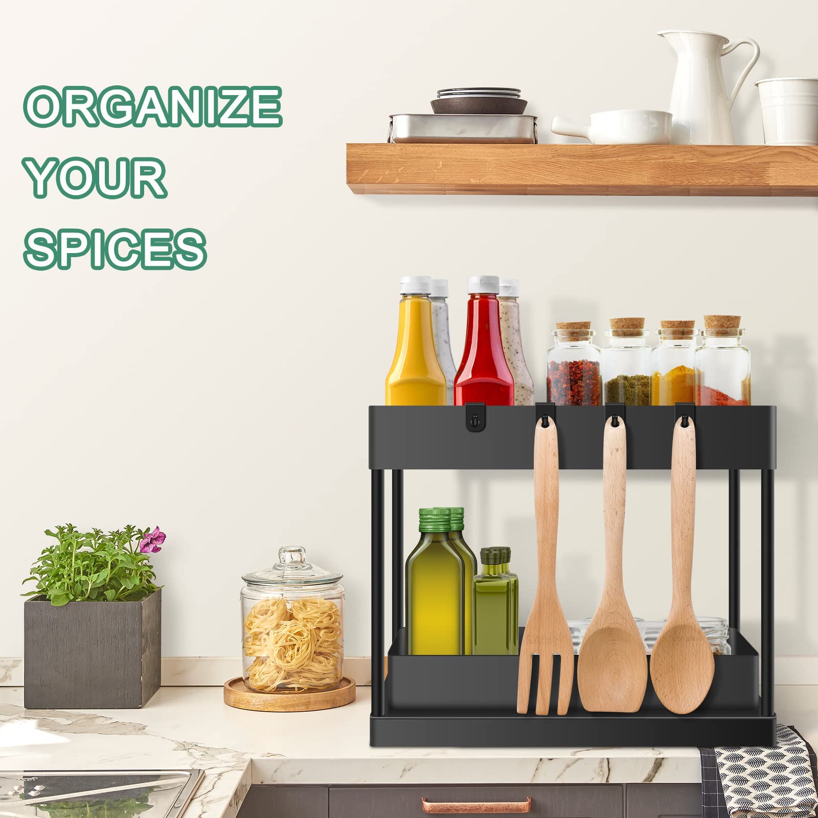 2 Pack Under Sink Organizers and Storage, 2-Tier Bathroom Organizer with Pull-Out Drawer & Hooks, Under the Sink Kitchen Cabinet Organizers Shelf for Countertop Laundry Organization and Storage-Black