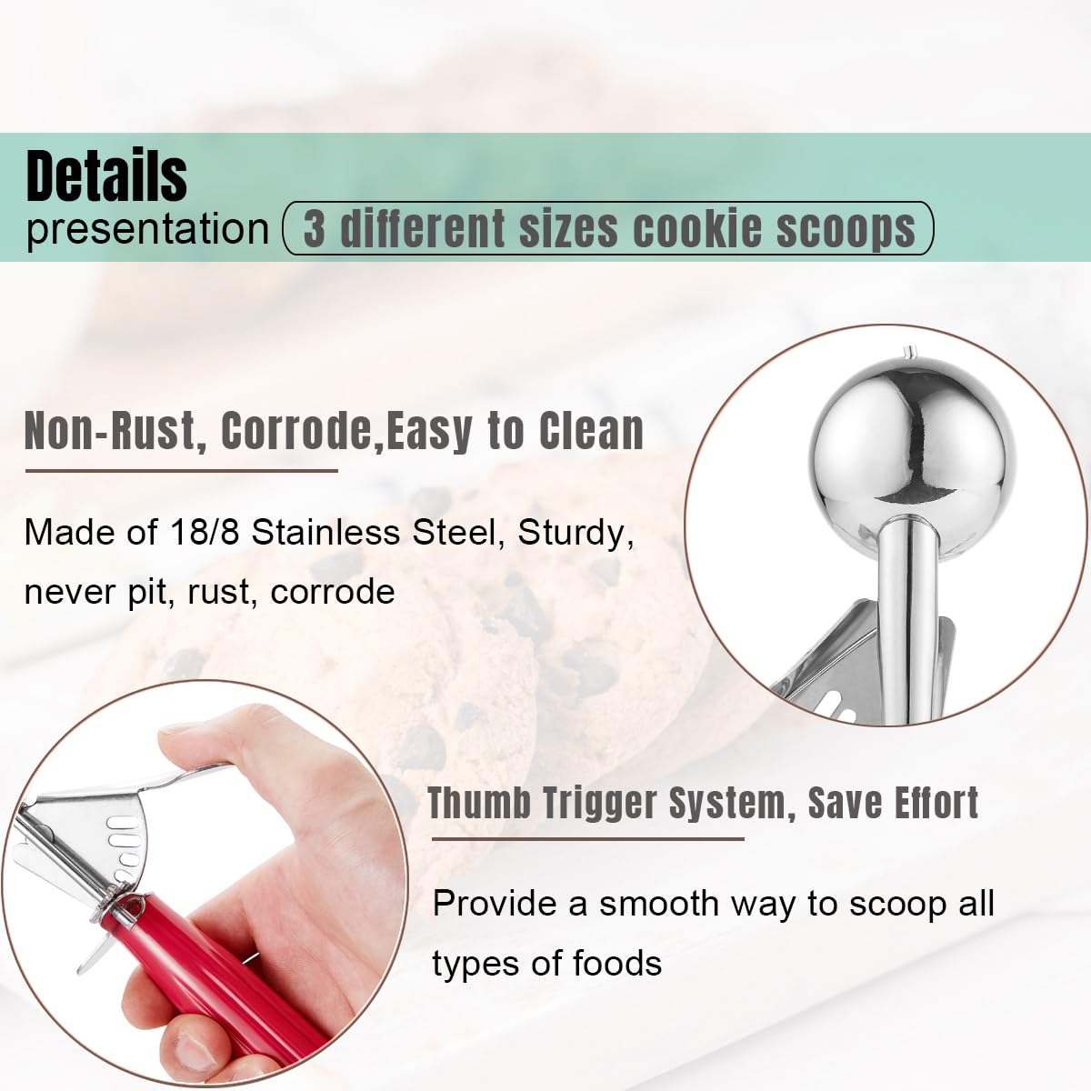 Cookie Scoop Set, Ice Cream Scoop Set, Multiple Size Large-Medium-Small Size Disher, Professional 18/8 Stainless Steel Cupcake Scoop
