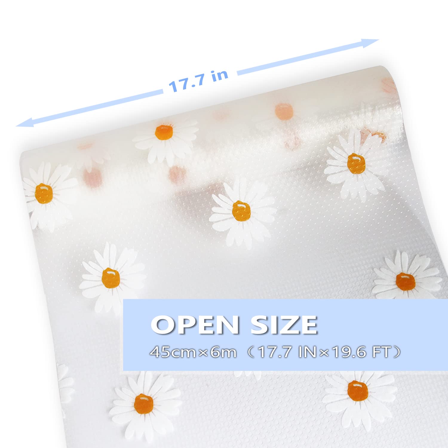 LLSPET Refrigerator Liners, Drawer Shelf Liner for Kitchen Cabinet, Non-Adhesive EVA Protection Mat Waterproof, Transparent Daisy Liners with Anti-Slip Dots (17.7IN,19.6 FT)