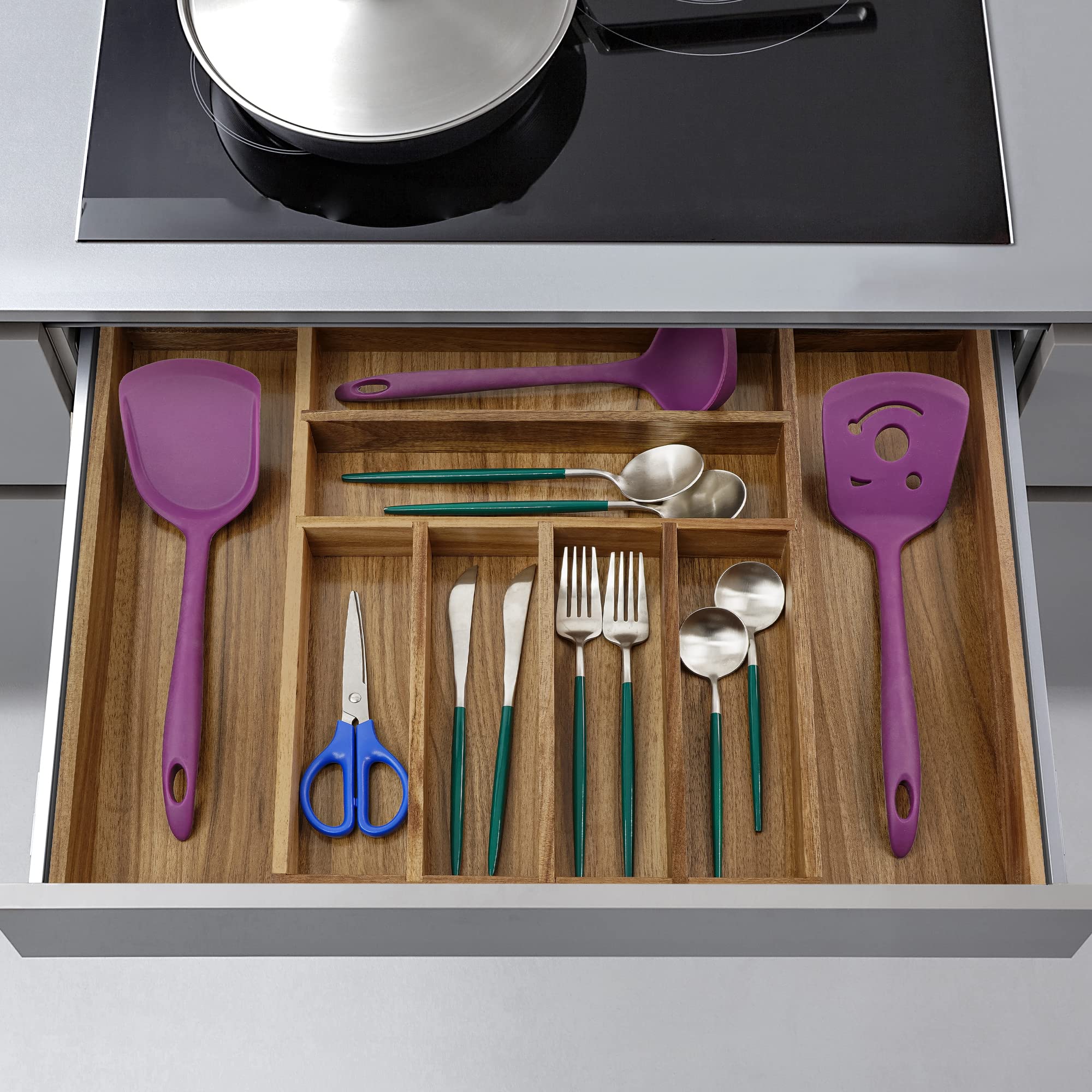 Utoplike Acacia Expandable Cutlery Drawer Organizer, Adjustable Kitchen Silverware Drawer Organizer, Wooden Utensil Tray Holder Organiser, Drawer Divider for Flatware, Knives in Kitchen