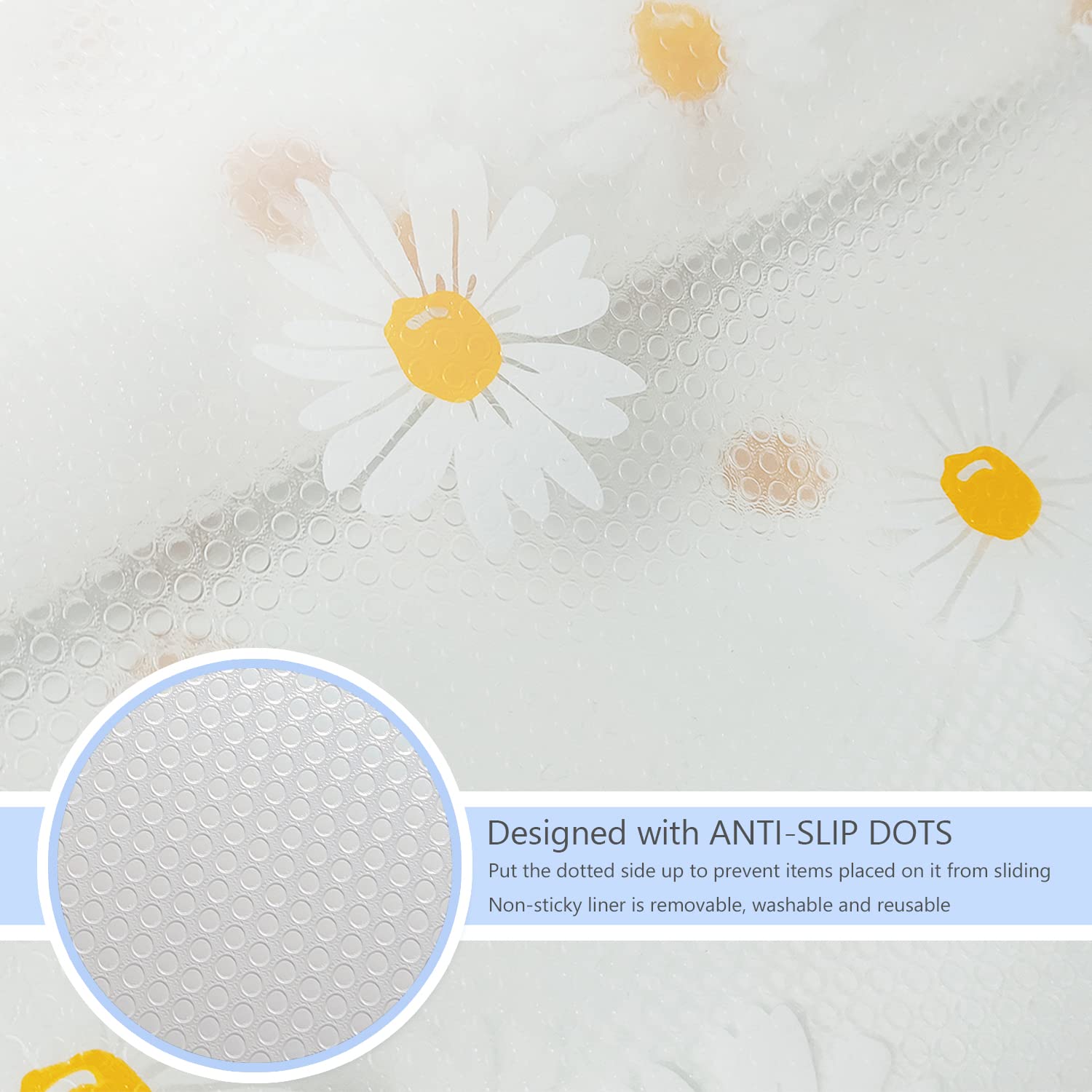 LLSPET Refrigerator Liners, Drawer Shelf Liner for Kitchen Cabinet, Non-Adhesive EVA Protection Mat Waterproof, Transparent Daisy Liners with Anti-Slip Dots (17.7IN,19.6 FT)