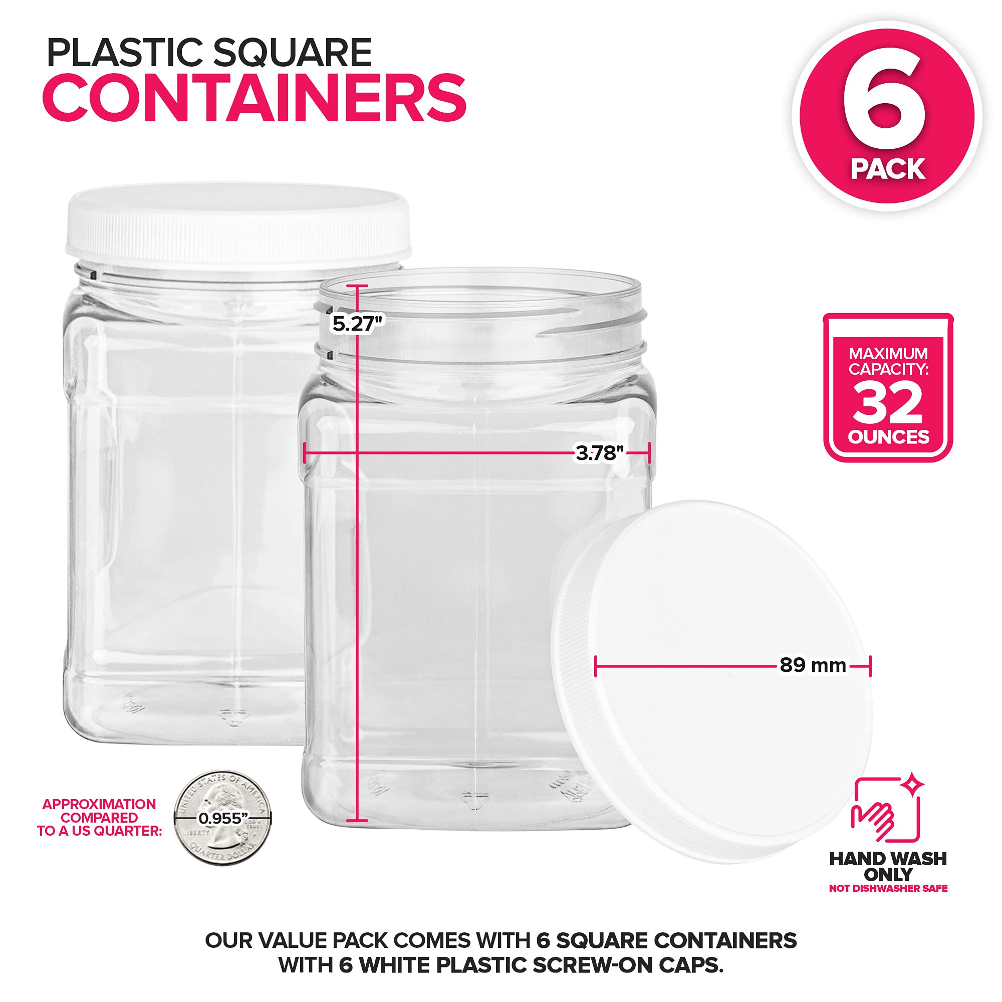 Stock Your Home Plastic Storage Jars (6 Pack) - 32 Oz Square Plastic Canisters with Lids - Shatterproof Plastic Storage Jars with Lids - Reusable Wide Mouth Clear Plastic Containers with Lids