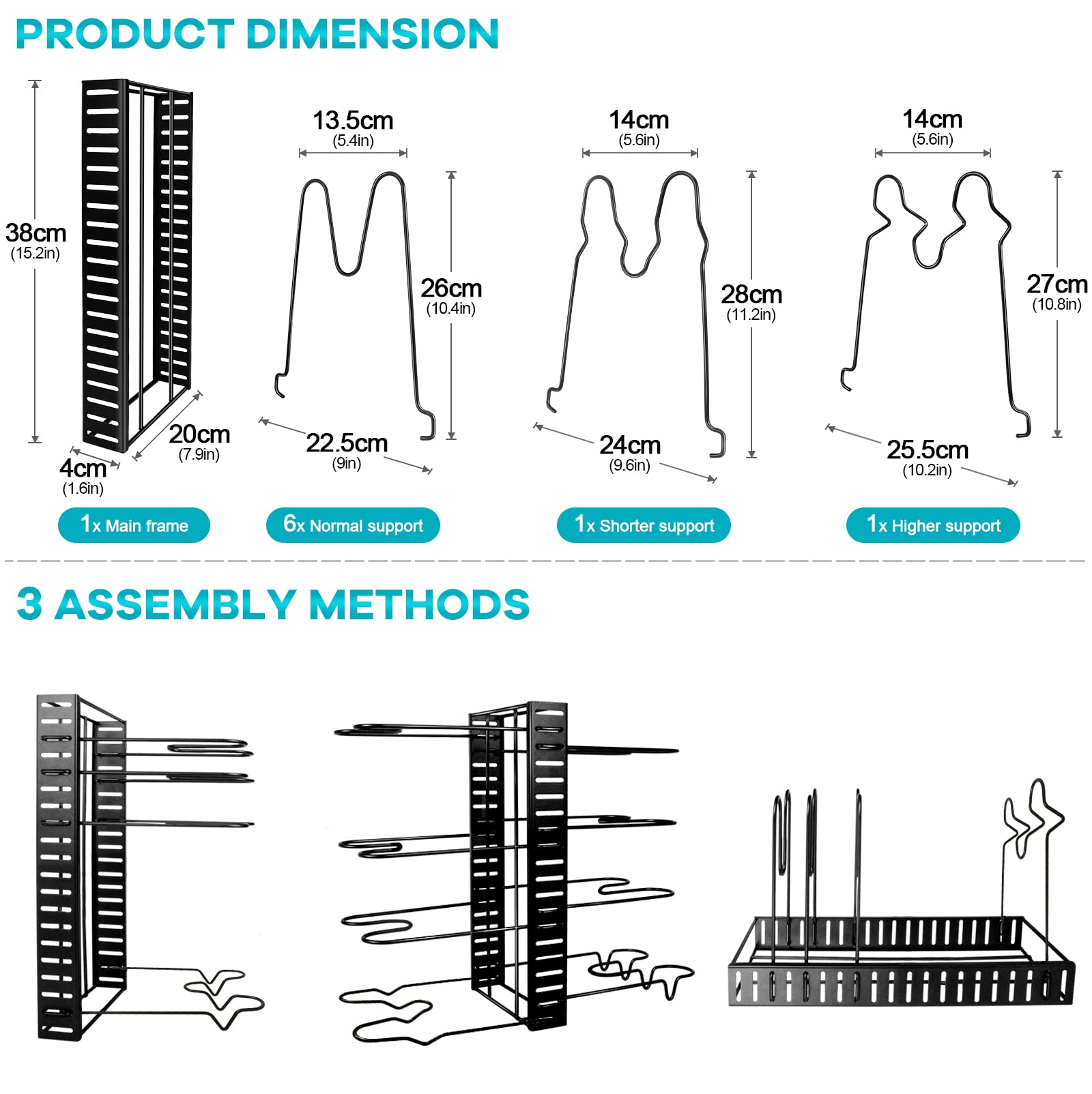 Kphico Pots and Pans Organizer,Pot Rack with 3 DIY Methods,Adjustable Pan Organizer Rack with 8 Tiers,Non-Slip Pan Pot Rack for Kitchen Cabinet Organizer and Storage,Send 1 PCS Cleaning Cloth