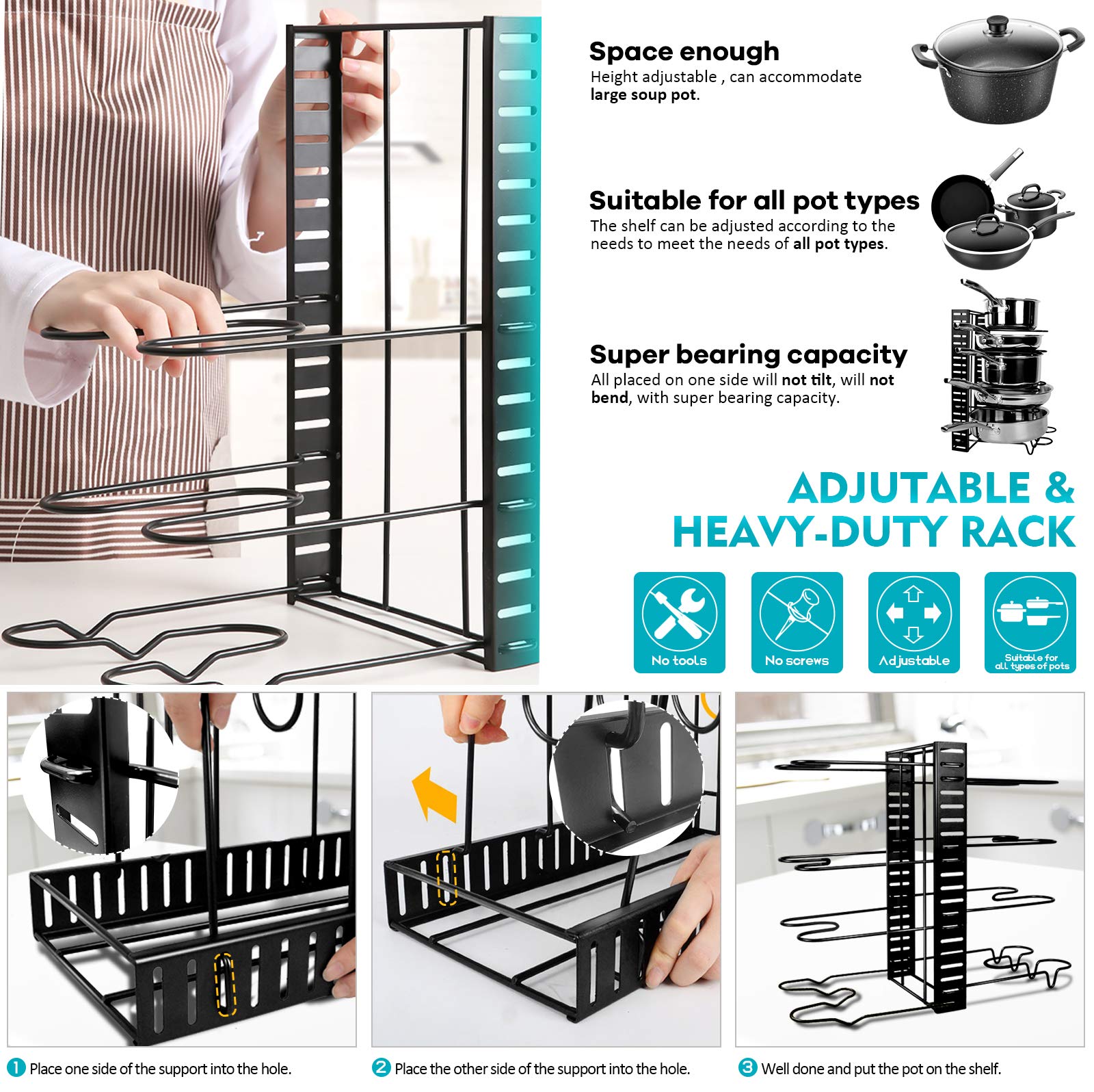 Kphico Pots and Pans Organizer,Pot Rack with 3 DIY Methods,Adjustable Pan Organizer Rack with 8 Tiers,Non-Slip Pan Pot Rack for Kitchen Cabinet Organizer and Storage,Send 1 PCS Cleaning Cloth