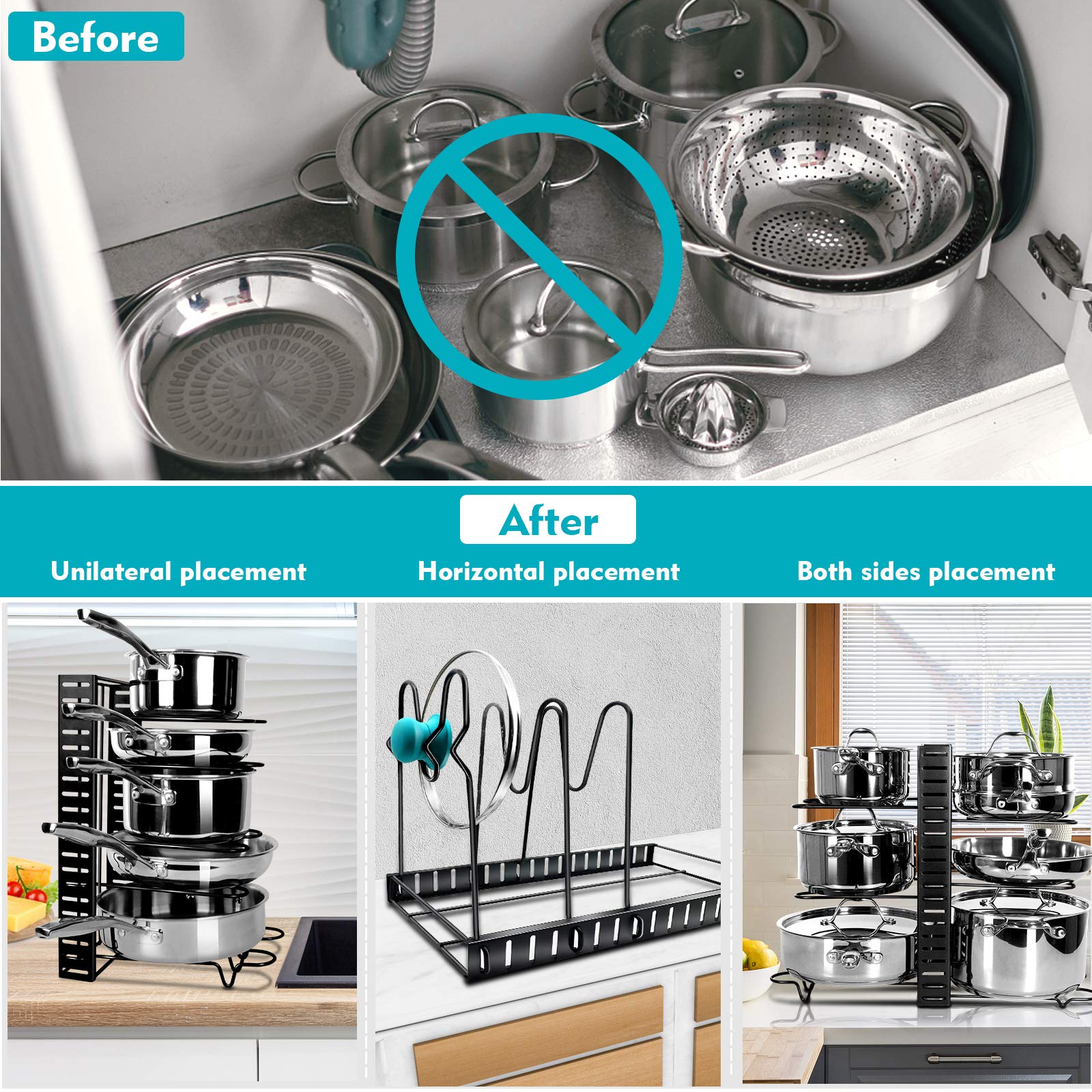 Kphico Pots and Pans Organizer,Pot Rack with 3 DIY Methods,Adjustable Pan Organizer Rack with 8 Tiers,Non-Slip Pan Pot Rack for Kitchen Cabinet Organizer and Storage,Send 1 PCS Cleaning Cloth