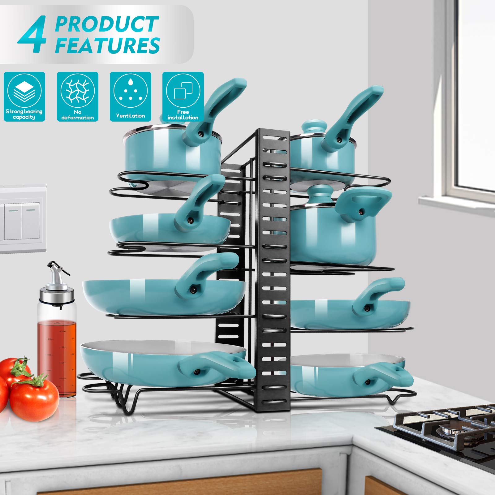 Kphico Pots and Pans Organizer,Pot Rack with 3 DIY Methods,Adjustable Pan Organizer Rack with 8 Tiers,Non-Slip Pan Pot Rack for Kitchen Cabinet Organizer and Storage,Send 1 PCS Cleaning Cloth