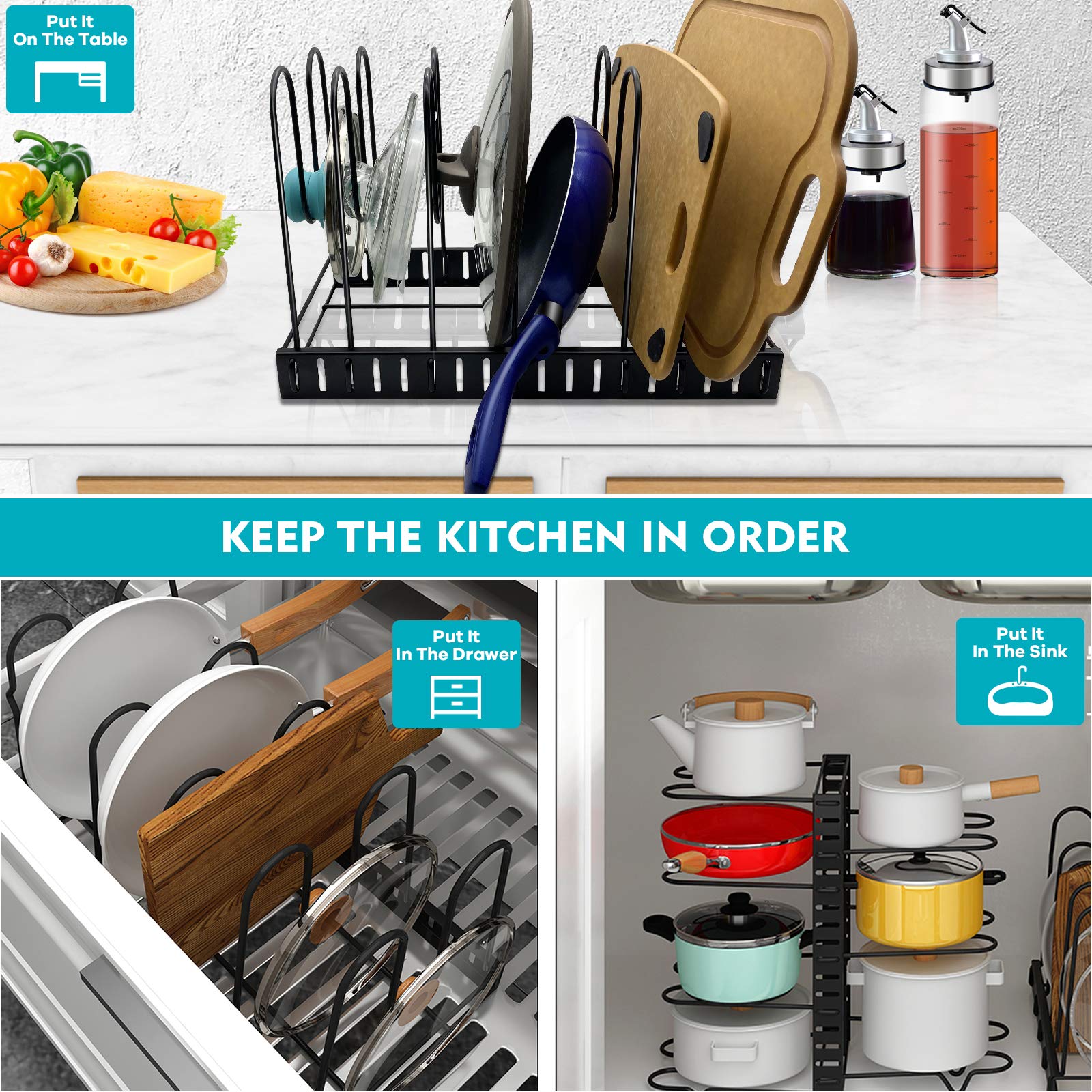Kphico Pots and Pans Organizer,Pot Rack with 3 DIY Methods,Adjustable Pan Organizer Rack with 8 Tiers,Non-Slip Pan Pot Rack for Kitchen Cabinet Organizer and Storage,Send 1 PCS Cleaning Cloth